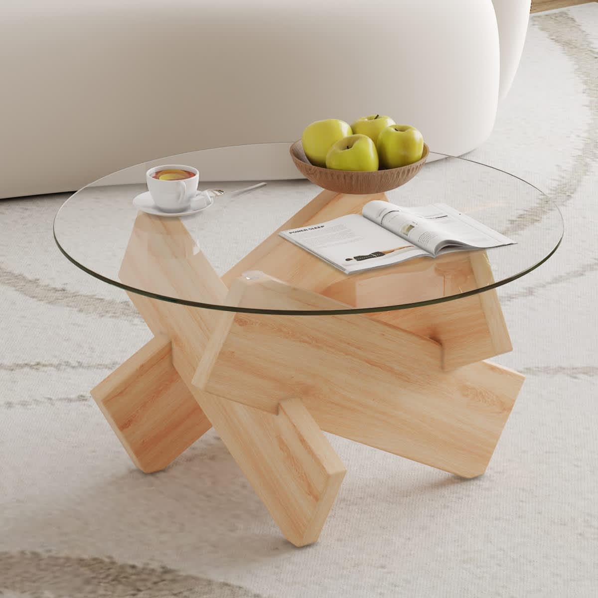 Maison Boucle Natural 33.4-in Round Tempered Glass Top Coffee Table ...