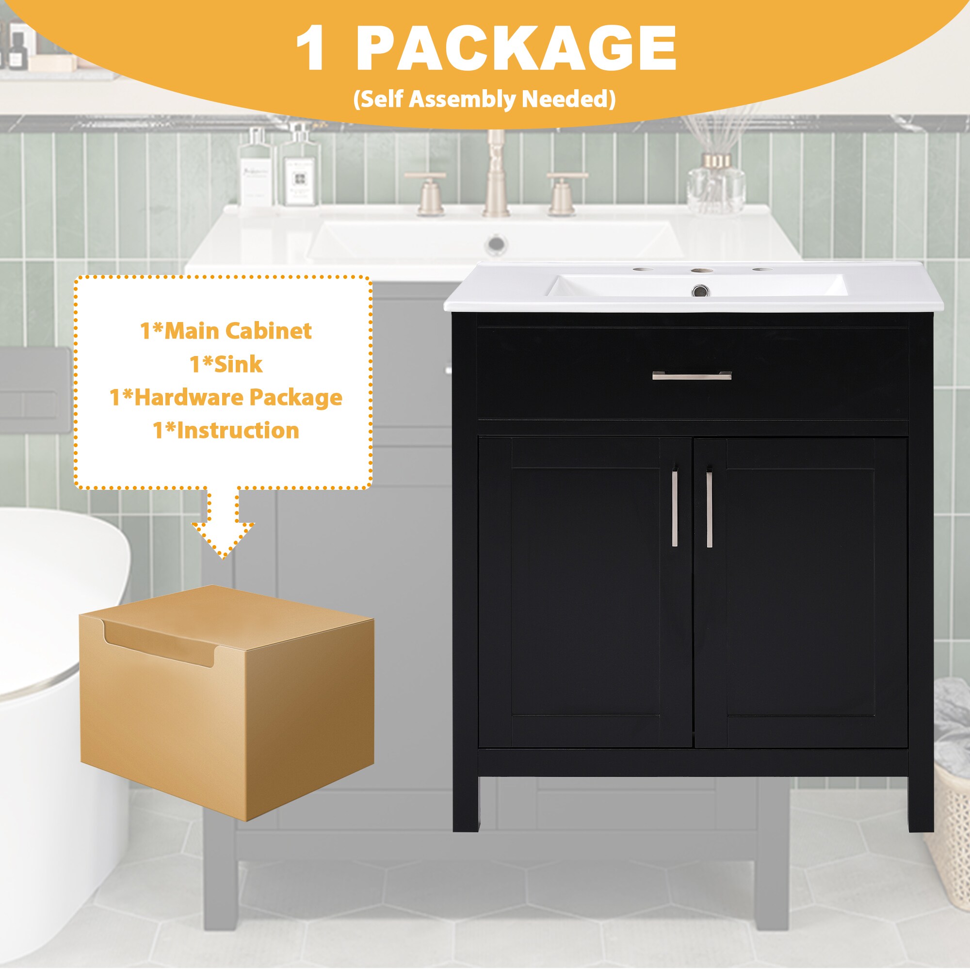 Afhocomp 30-in Single Sink Freestanding Black Bath Vanity with White ...