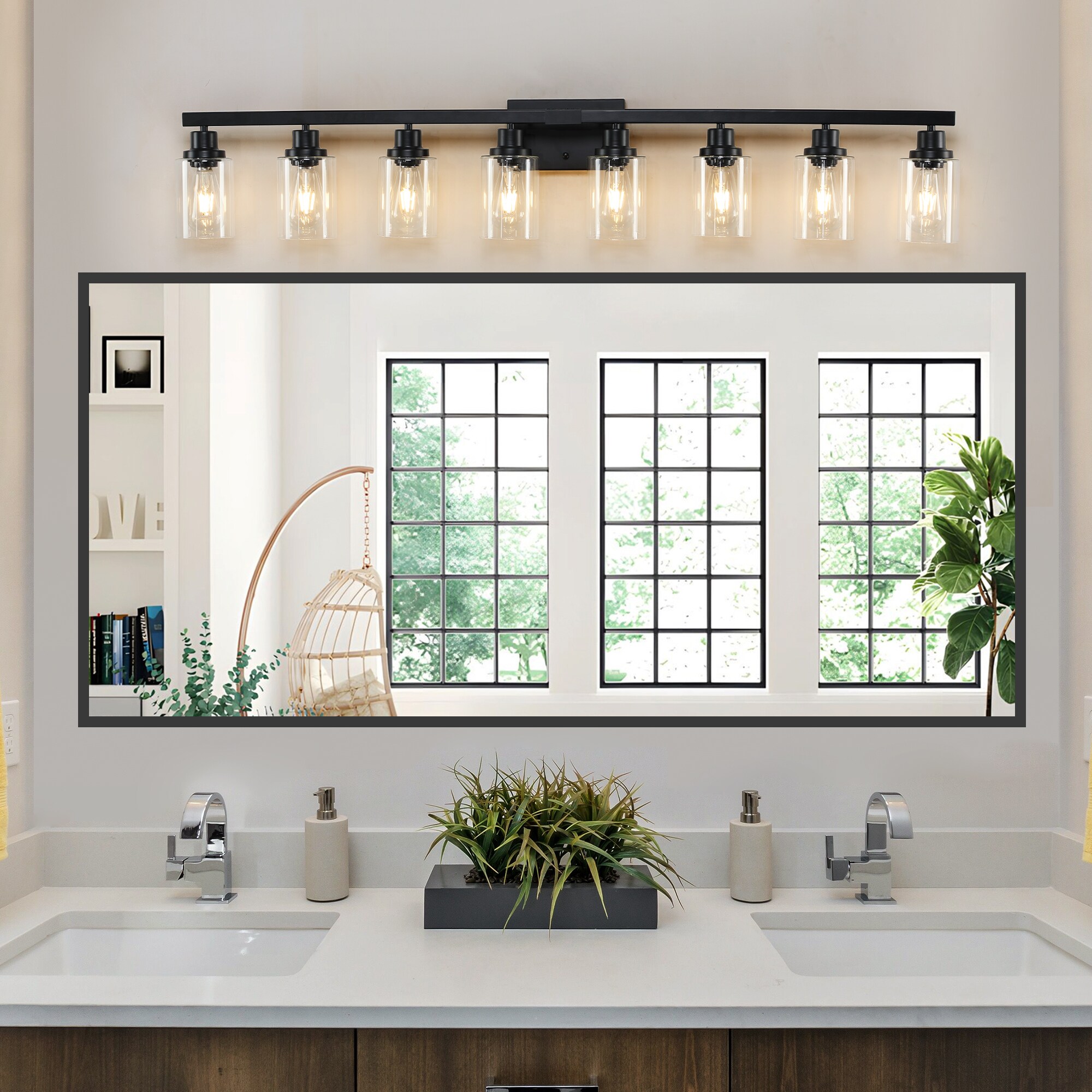Huluwat 51-inch Black 8-Light Vanity Light with Clear Glass Shades ...