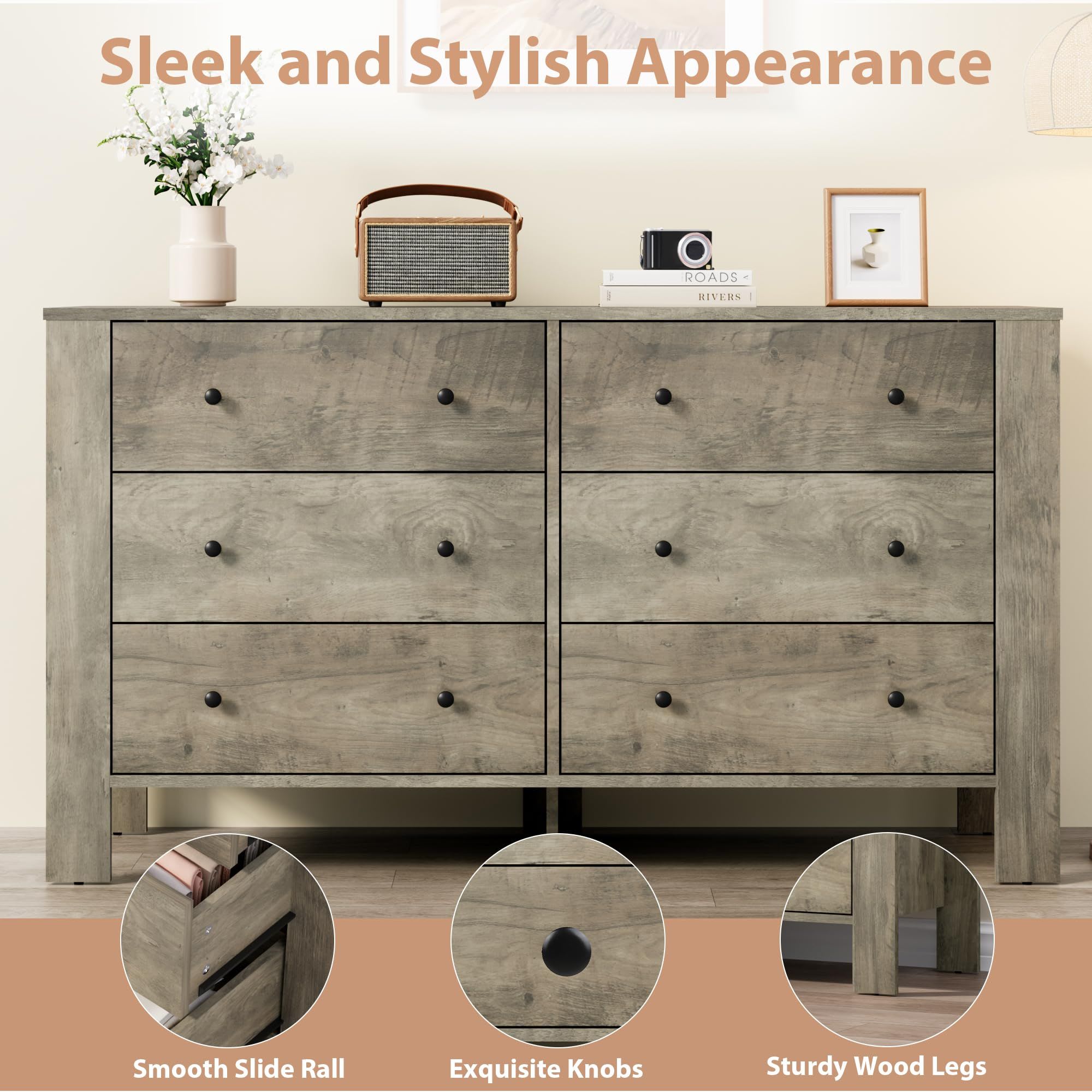 Garvee Modern Wide Dresser Organizer With 6 Drawers Wooden Chest Of ...