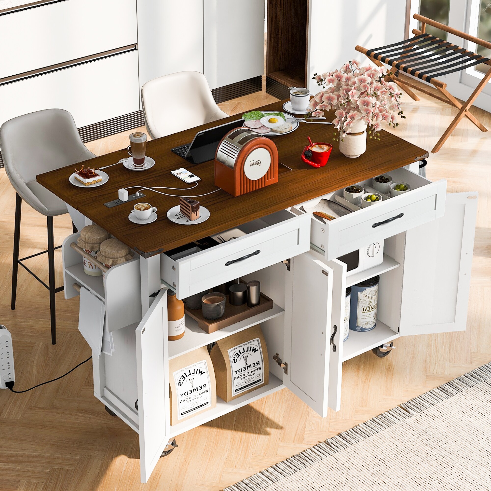 ModernLuxe White MDF Base with Wood Wood Top Rolling Kitchen Island ...