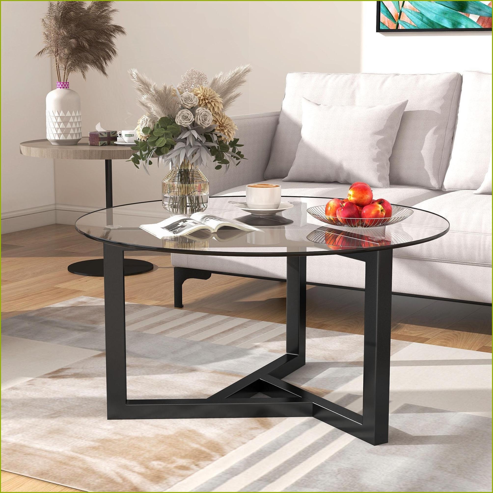 Watnature Round Black Tempered Glass Coffee Table with Sturdy Tripod ...