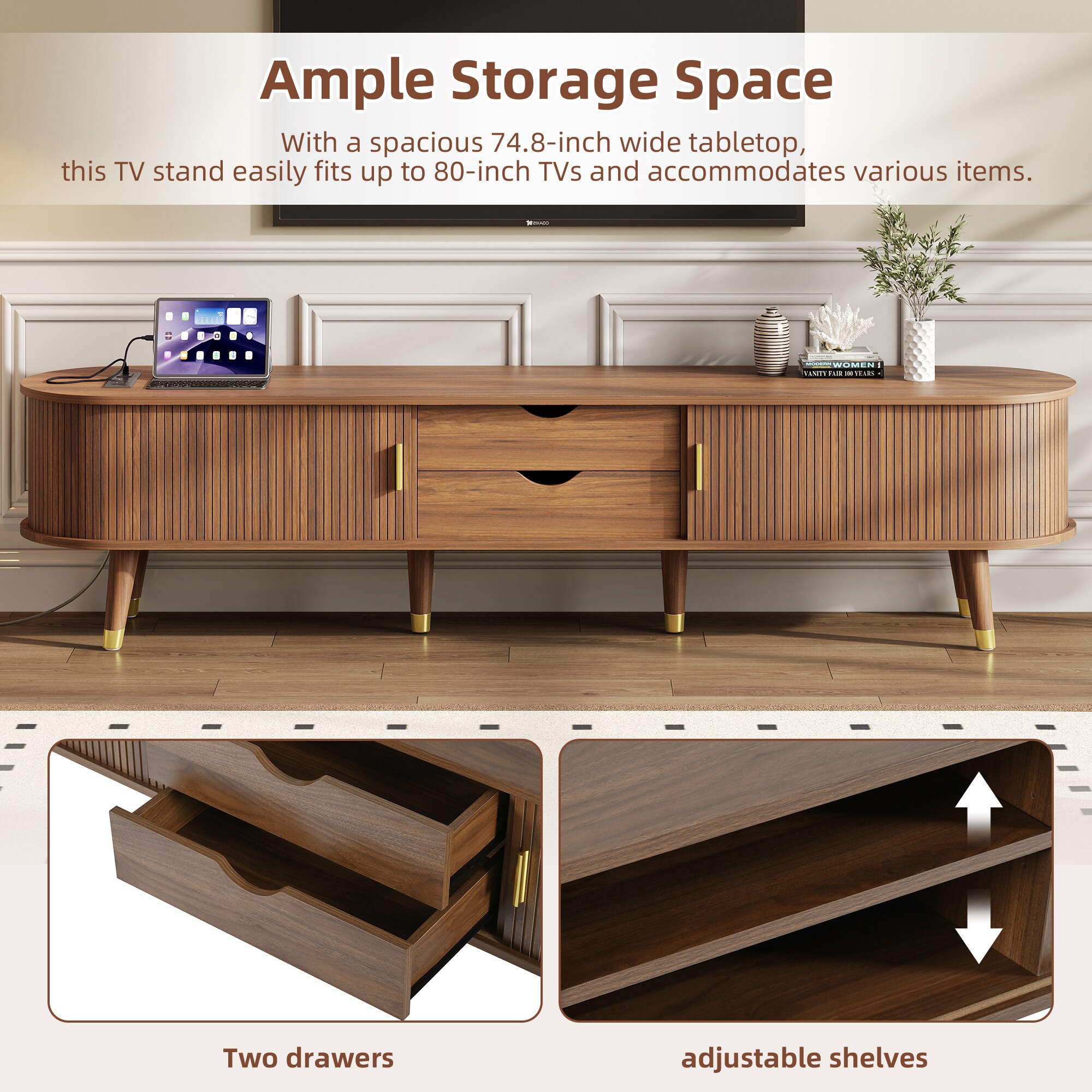 Huluwat Wooden Oval Fluted TV Stand with Charging Station for TV up to ...
