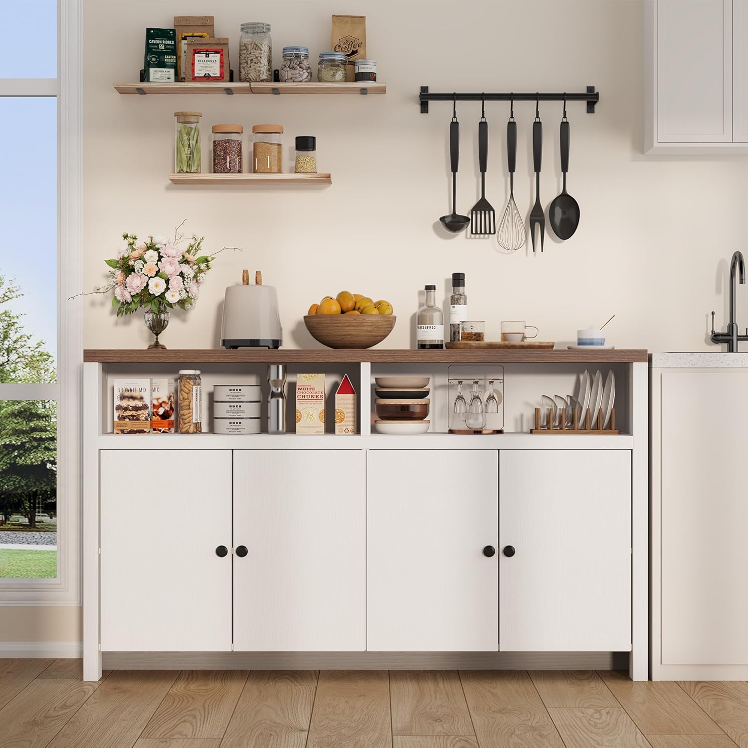 GAOMON 55 inch farmhouse buffet sideboard with four doors adjustable ...