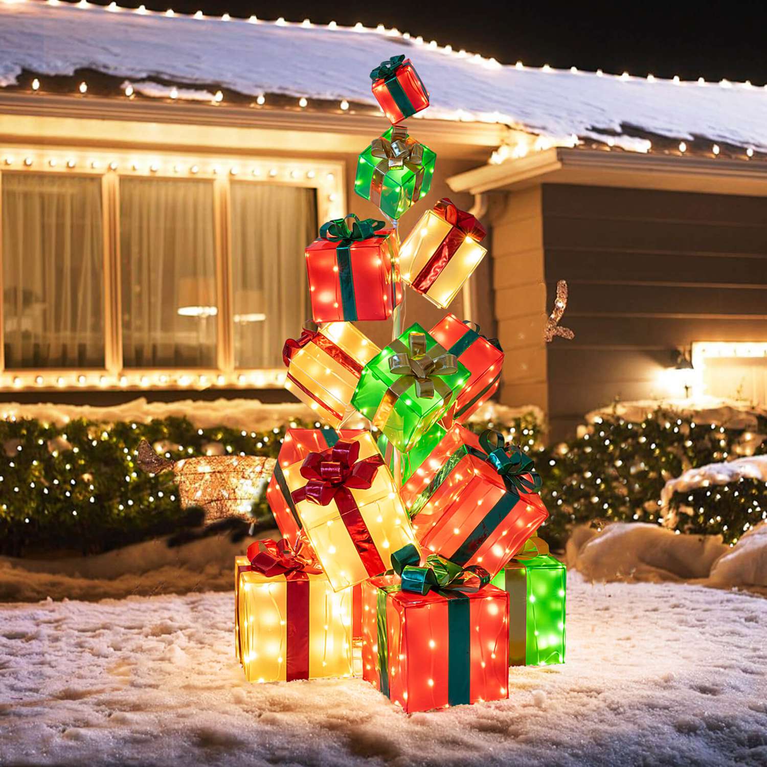 Costway 5.6 FT Pre-Lit Gift Box Tower with Bowknot and 483 LED Light ...