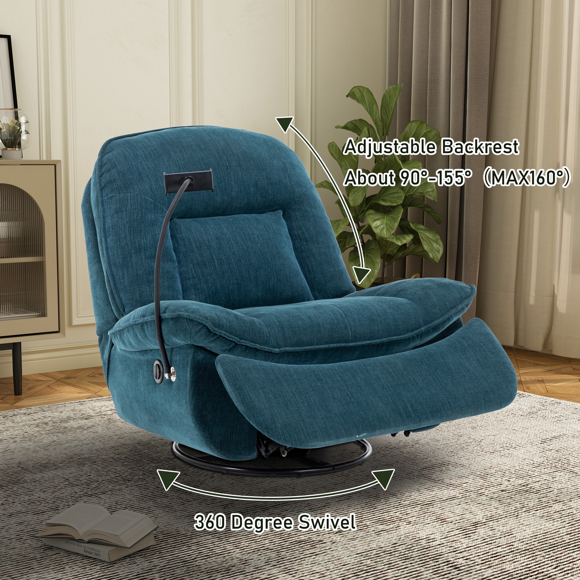 Boyel Living Chenille Fabric Swivel Recliner with Mobile Phone Bracket ...