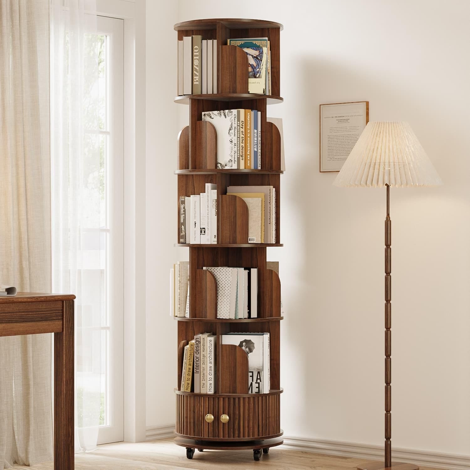 Wudkey 360 Degree Rotating Bookshelf 6-Tier Tall Narrow Bookcase with ...