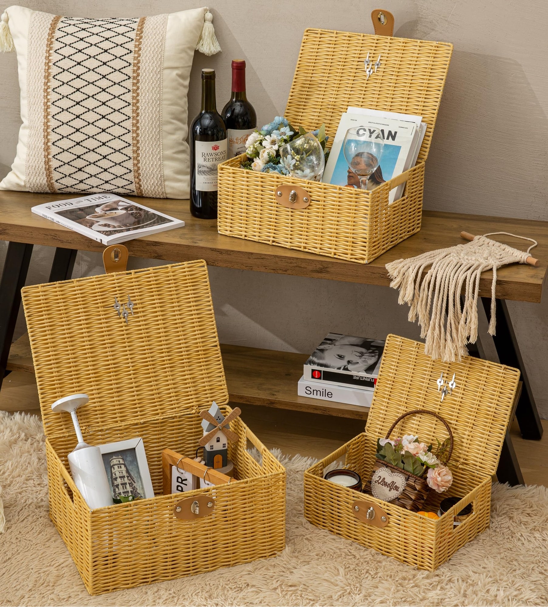 Yichuhaoxi Set of 3 Wicker Storage Baskets with Lids Decorative Plastic ...