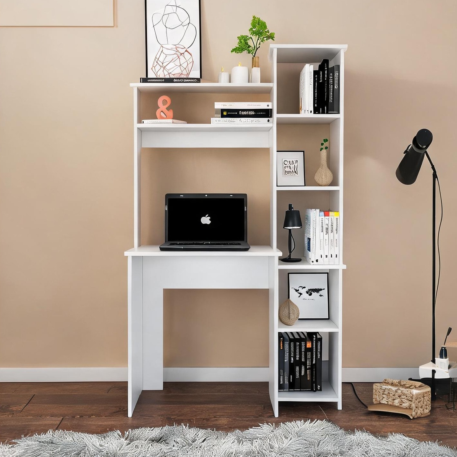 Naturefalls Soft White 6-Shelf Writing Desk with Built-in Bookcase ...
