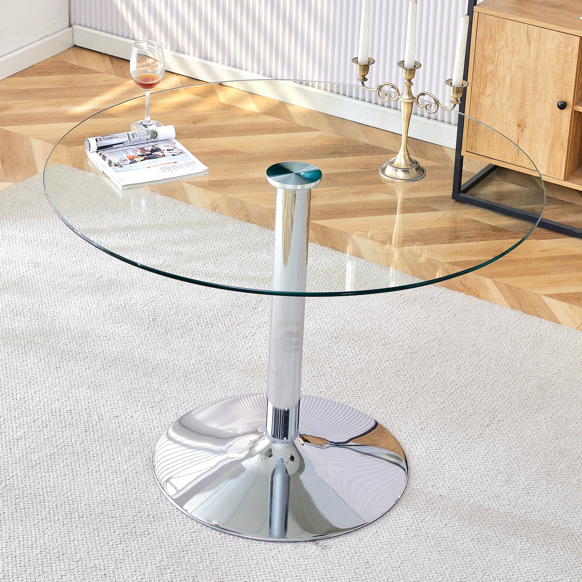 Misopily Round dining table 39.7 inch tempered glass top silver metal ...