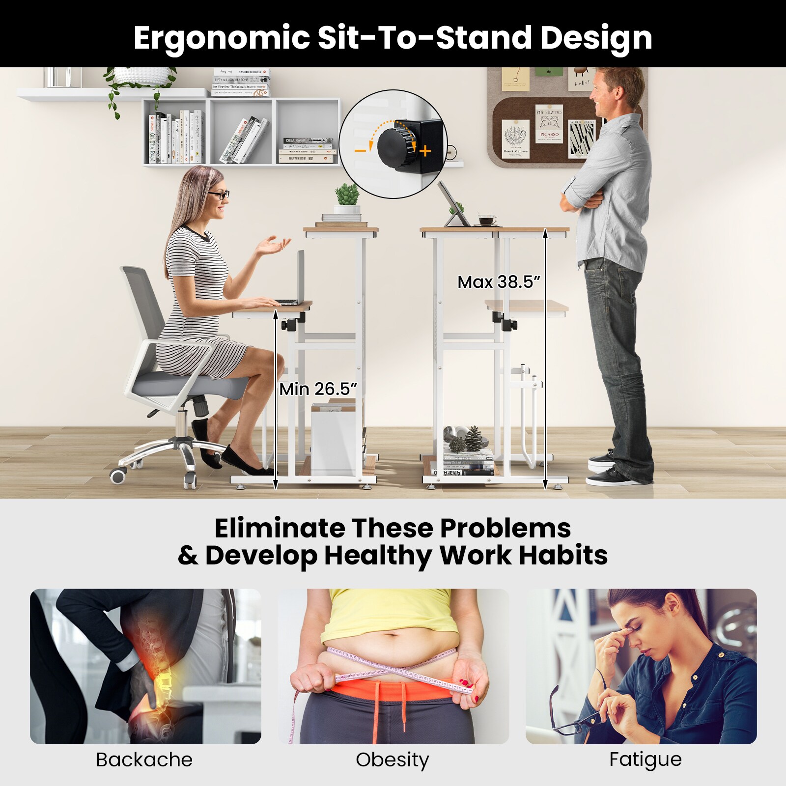 Fenbeli Height Adjustable Sit Stand Desk with Footrest Metal Frame and ...