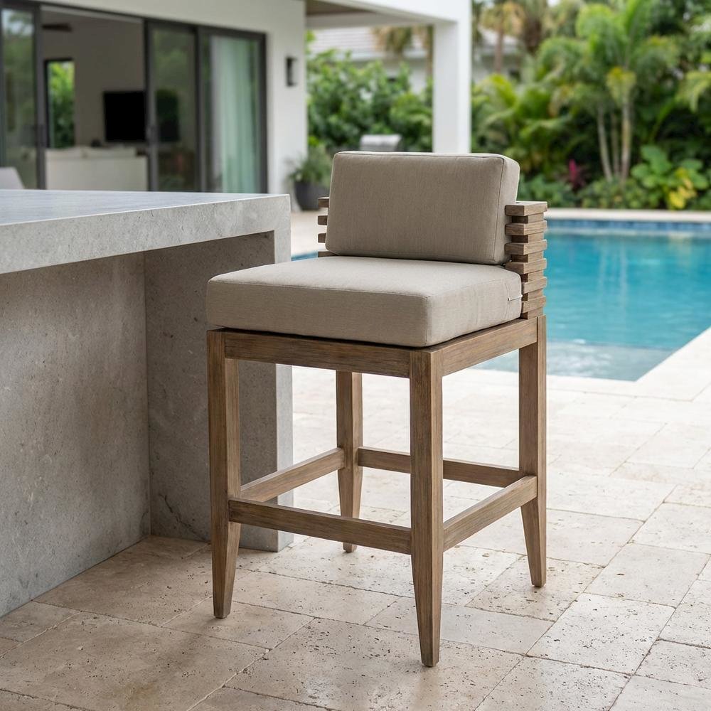 Outdoor Escape Light Eucalyptus Outdoor Patio Bar Stool With Taupe ...