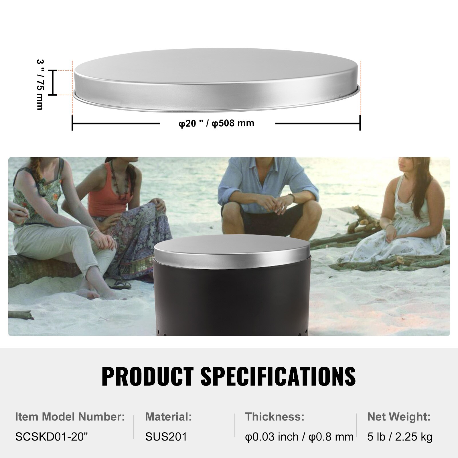 GIVIMO 20-in Round Stainless Steel Fire Pit Cover Lid 3-in Low Profile ...