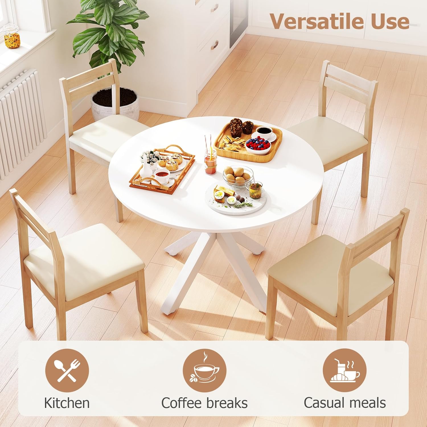 Zevemomo Round Dining Table 42 Inch with White Metal Cross Legs White ...