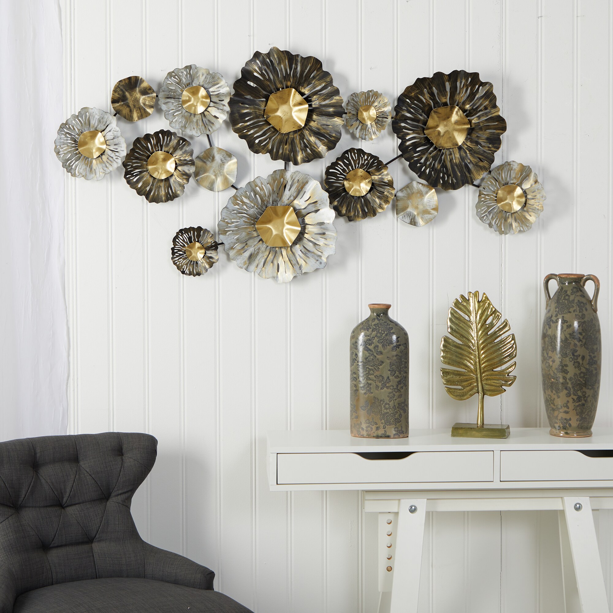 Nearly Natural 4.5-ft x 2-ft Layered Floral Metal Wall Art Decor in the ...