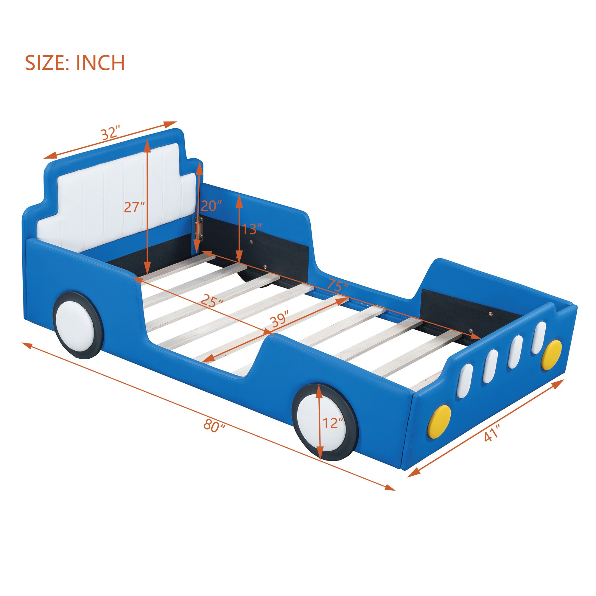LUXEYARD Twin Size Race Car-Shaped Platform Bed with Wheels Blue in the ...
