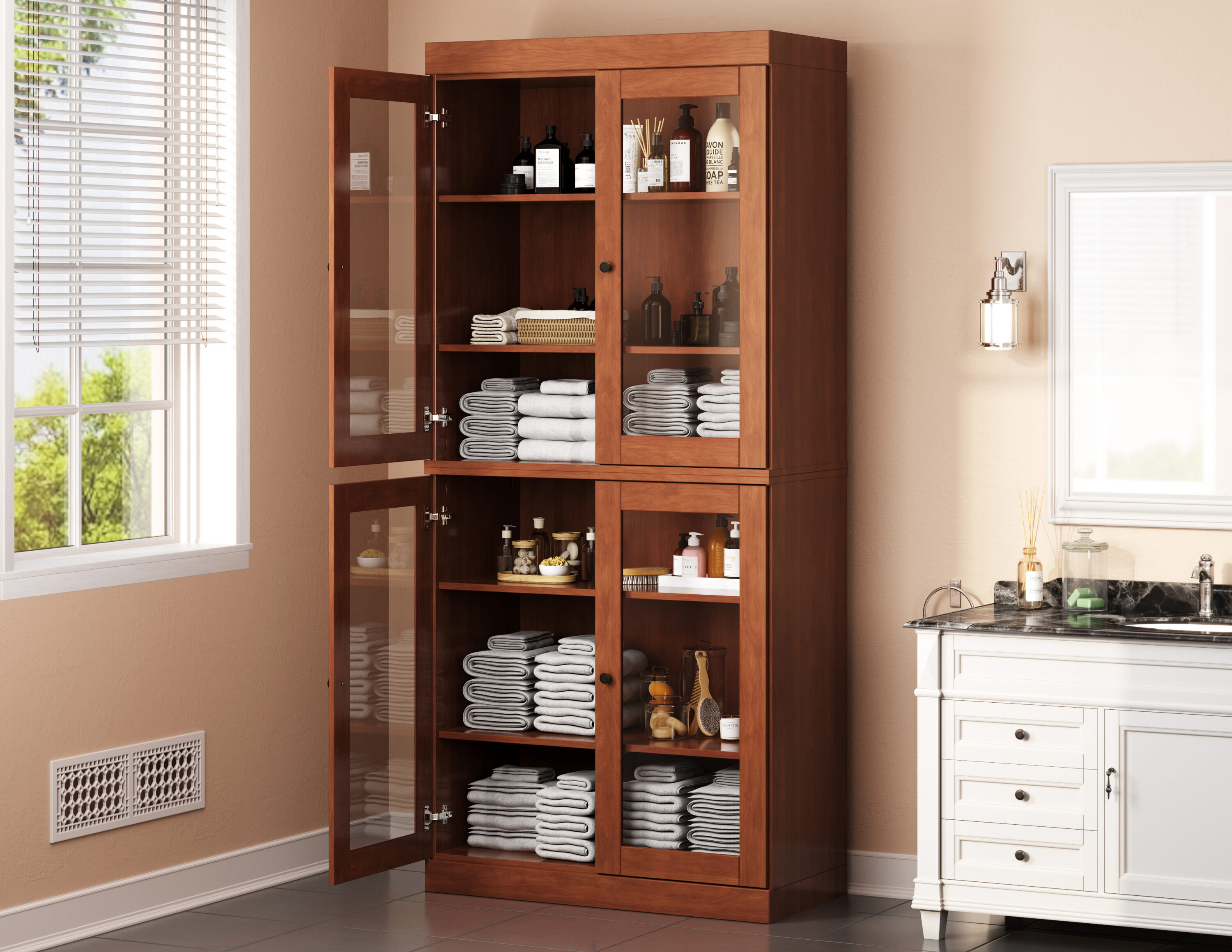 Palace Imports Solid Wood Tall Modular Clear Glass Bathroom Linen ...