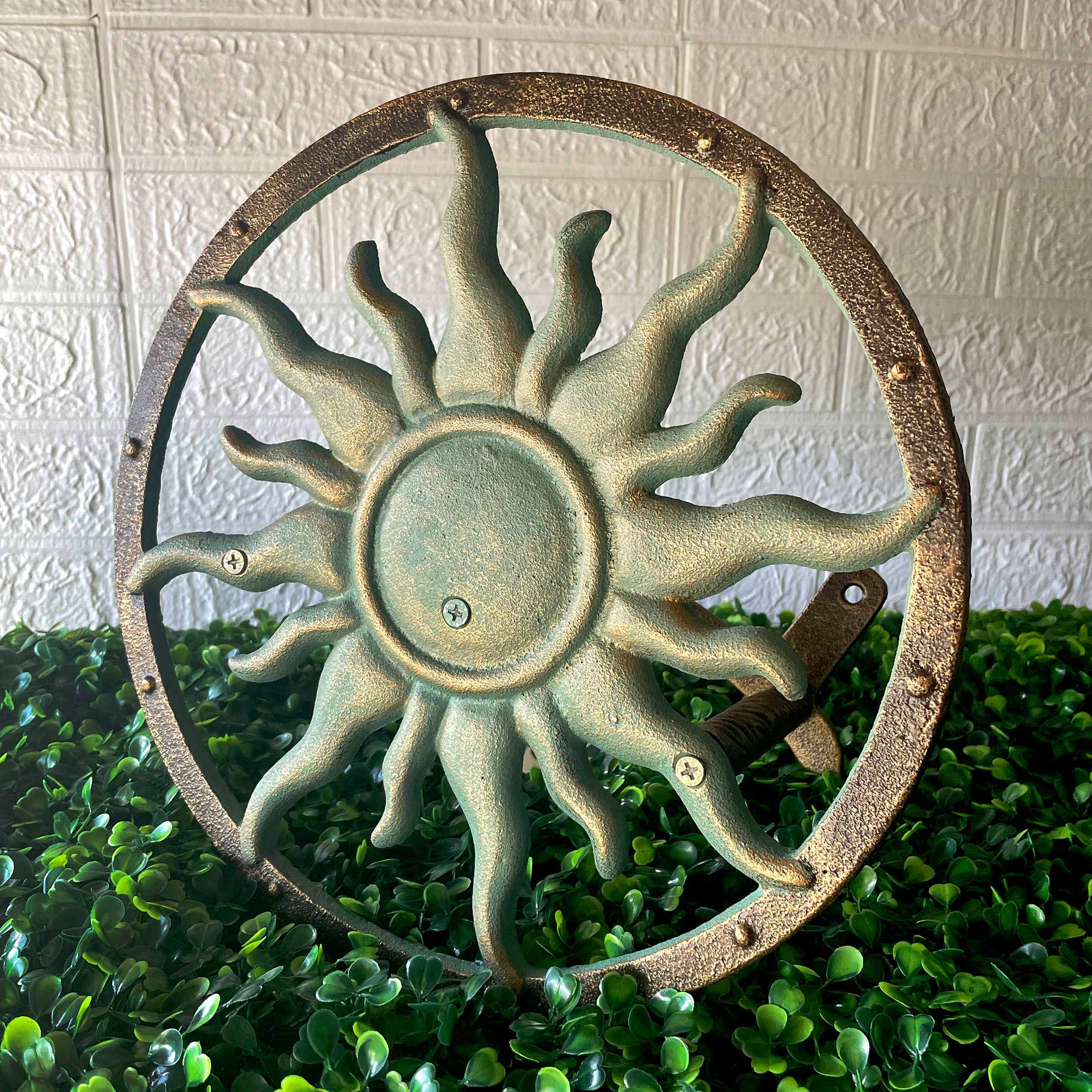 Zeckos Decorative Sun Cast Iron Hose Holder Verdigris Bronze Outdoor ...