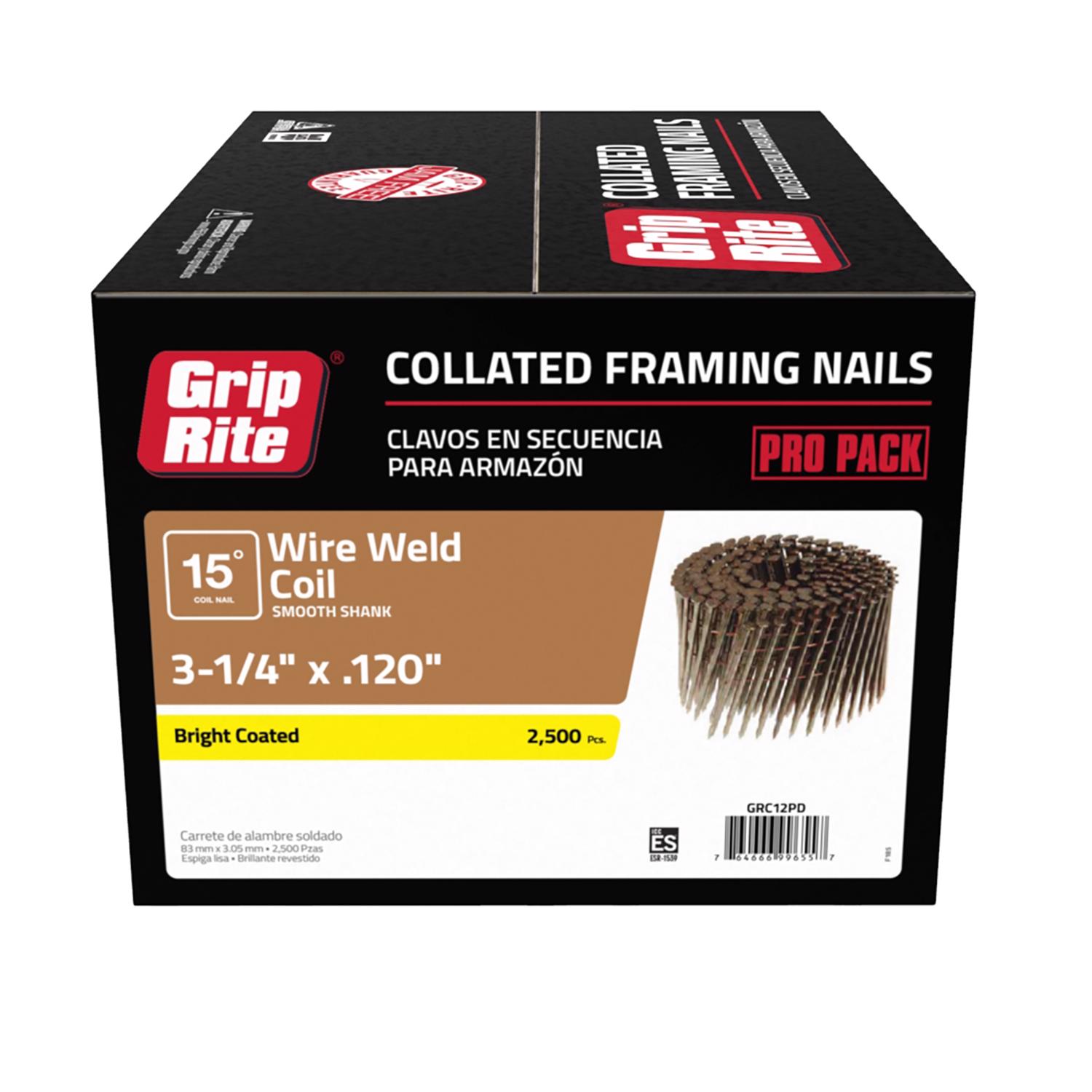 Grip-Rite 3-1/4 in. L X 11 Ga. Angled Strip Bright Framing Nails 15 deg ...