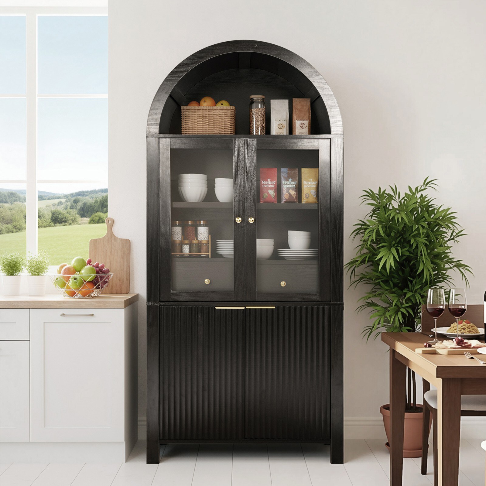 GlasFlength 71-Inch Black Fluted Tall Arched Pantry Cabinet Adjustable ...