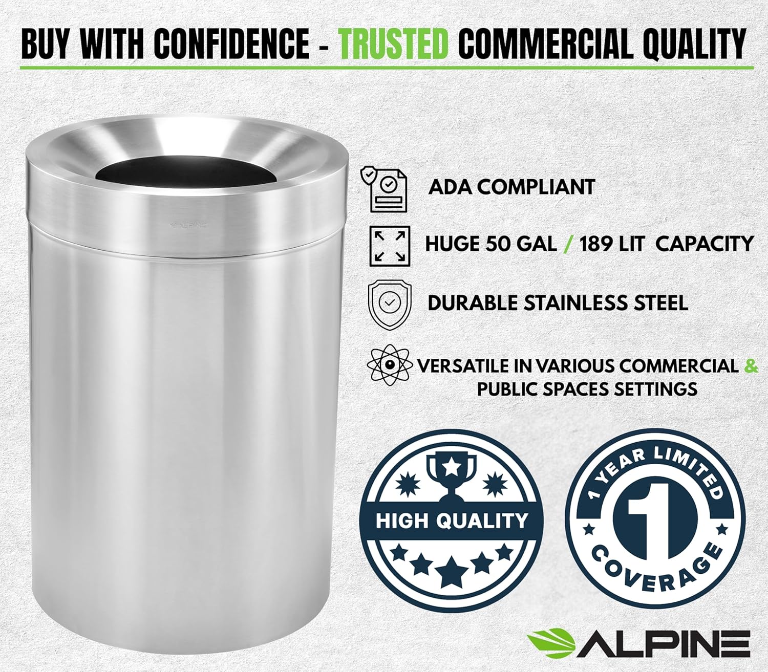Alpine Industries 50 Gallon Stainless Steel Commercial Indoor Recycling ...