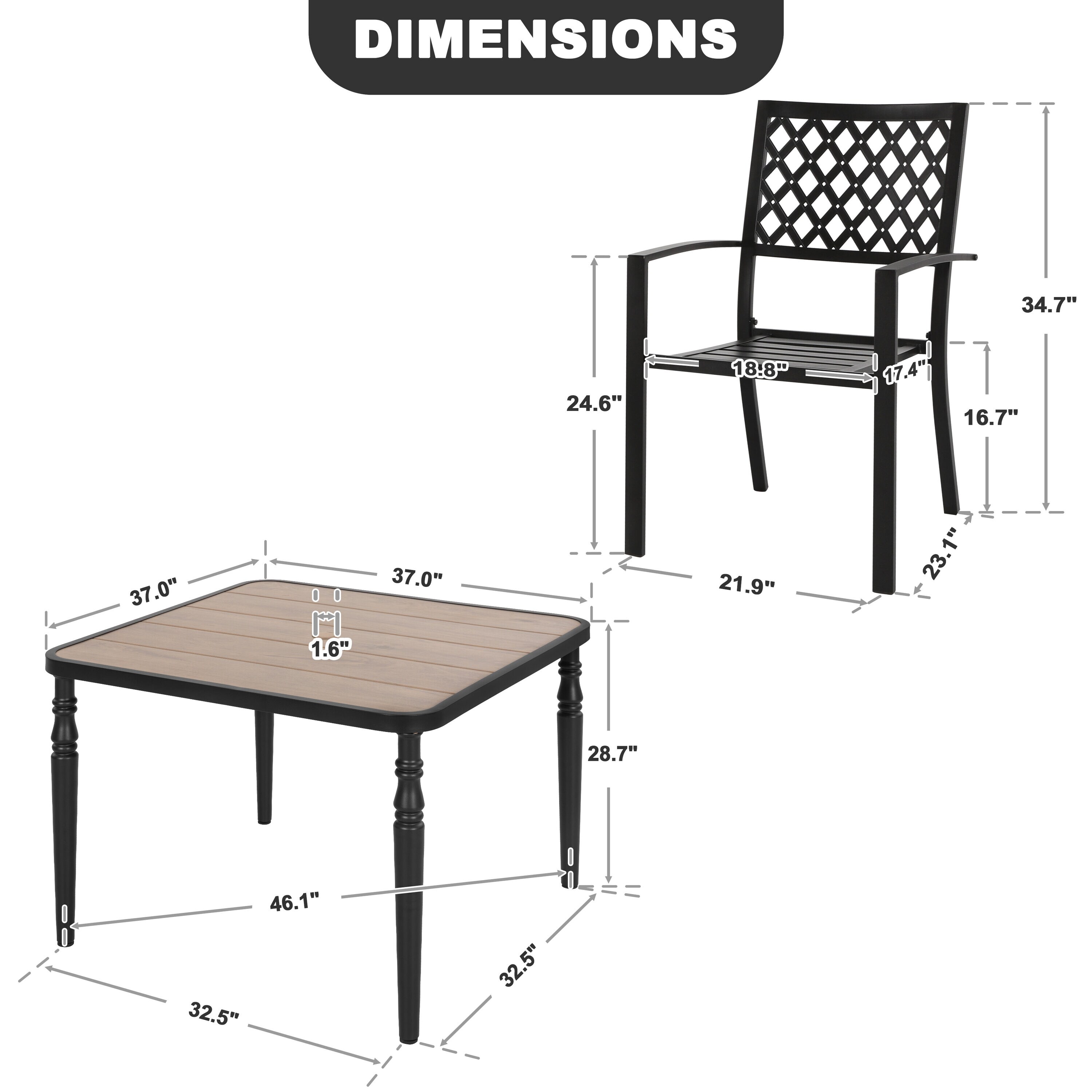 Nuu Garden 5 -Piece Black Patio Dining Set Iron Square Table with 4 ...