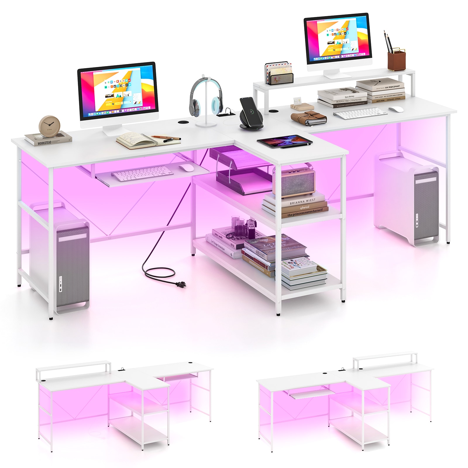 Fenbeli Two Person Computer Desk with LED Lighting Double Workstation ...