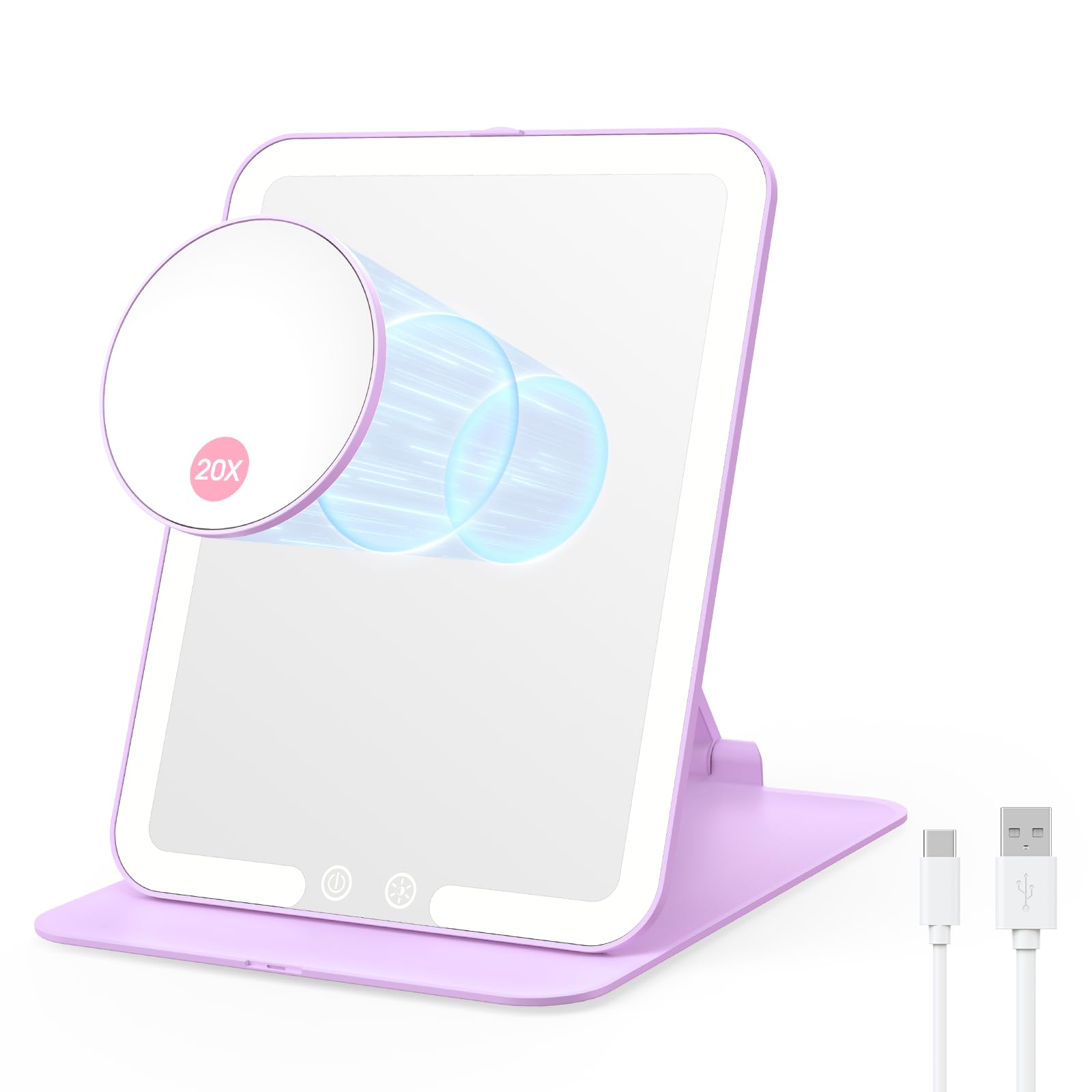 OMOMMD Purple Foldable Travel Makeup Mirror Lights 20x Magnification ...