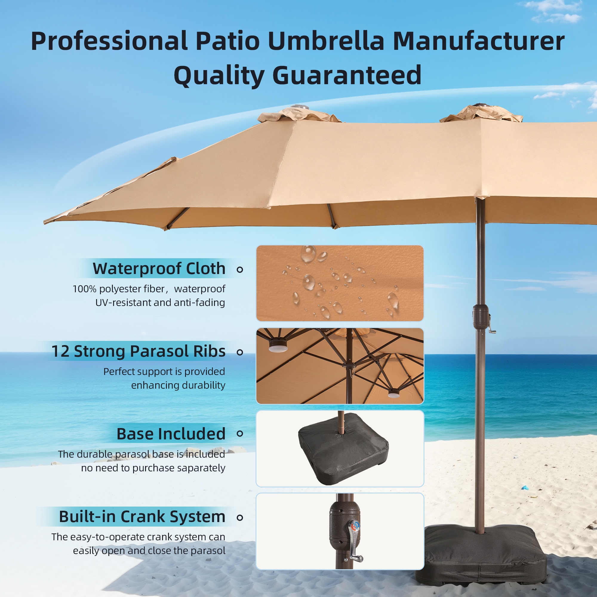 Pouuin 14.5-ft Steel Beige Crank Garden Patio Umbrella with Lights with ...