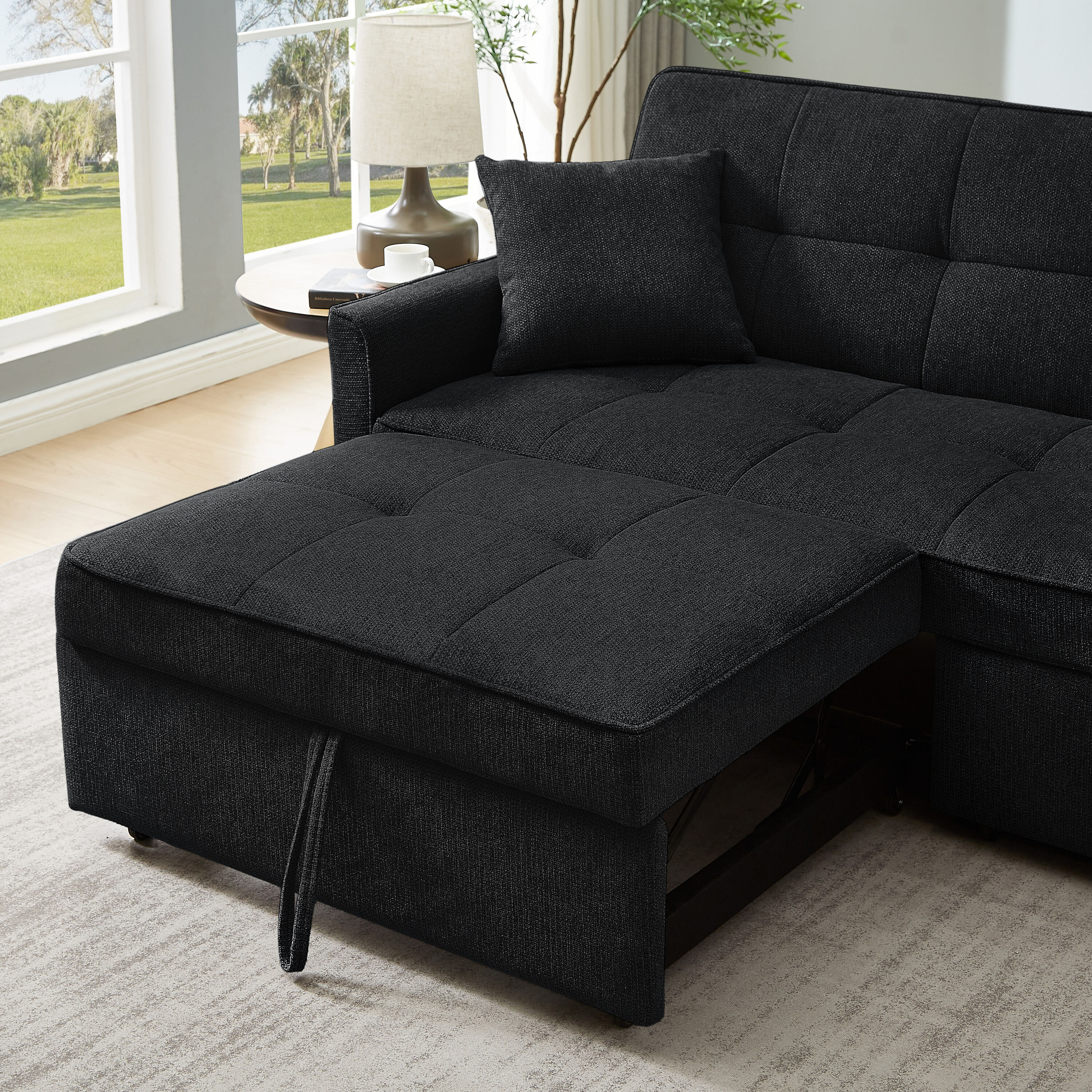 LOVMOR 74inch Convertible Sleeper Sofa Fabric Black Couch with Chaise ...