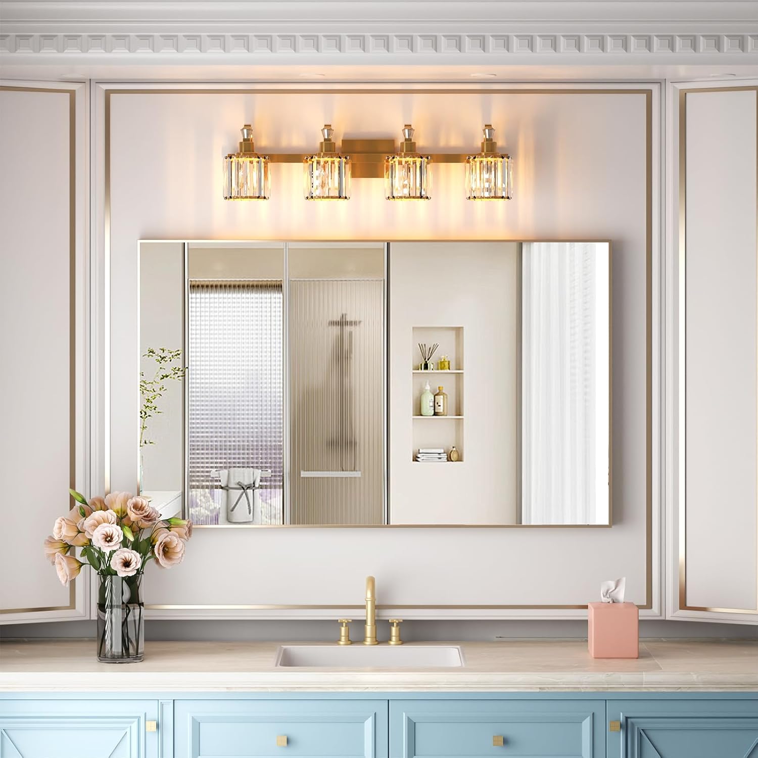Garvee Crystal Gold Bathroom Vanity Light 4 Light Modern Bathroom ...