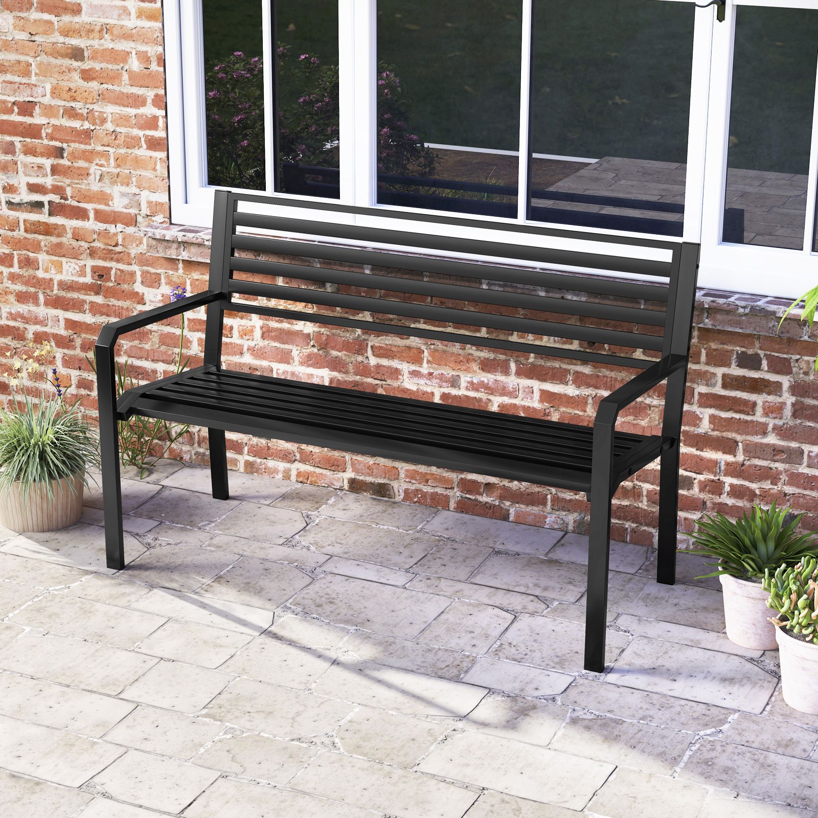 Slickblue Outdoor Garden Metal Bench with Slatted Seat and Armrests for ...