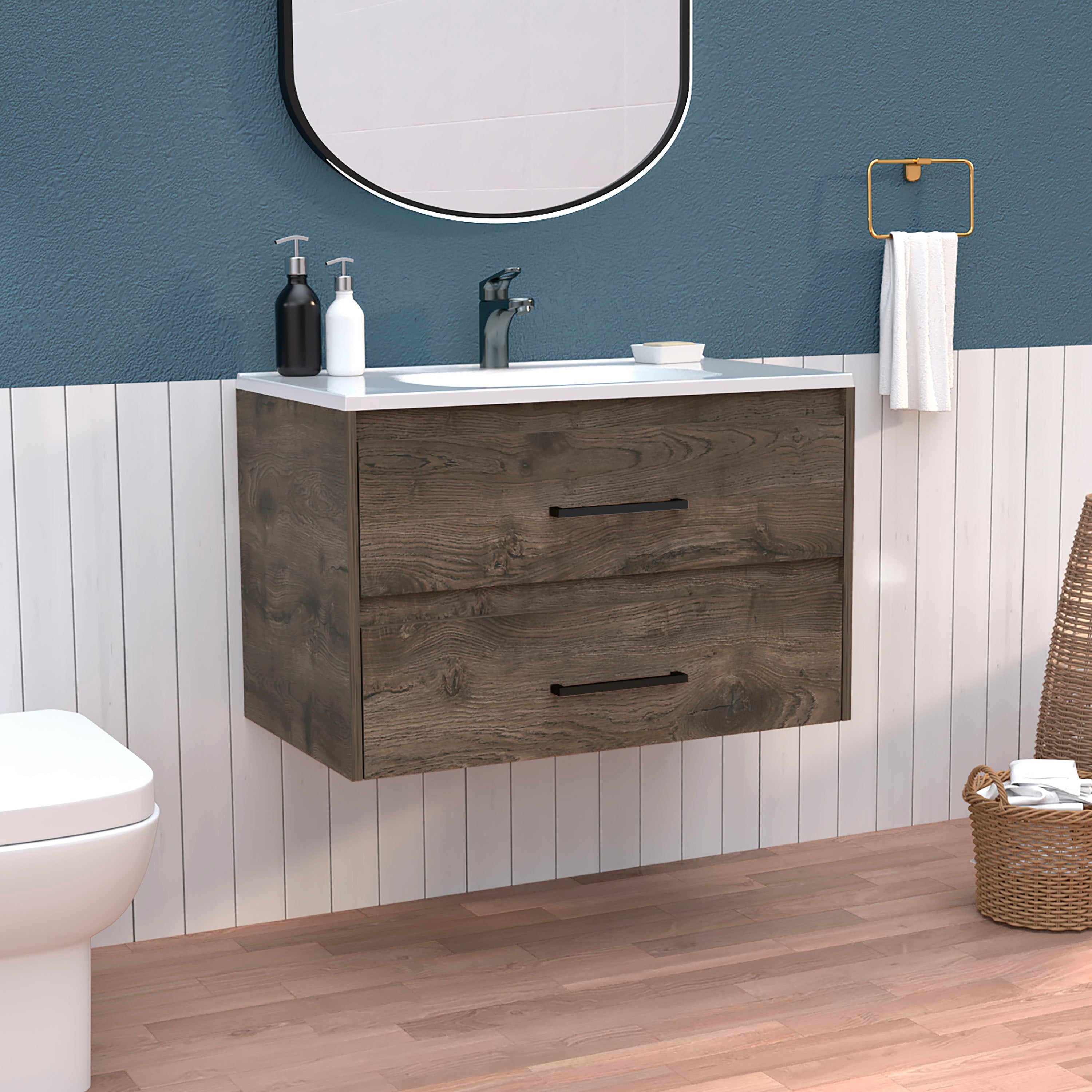 Tinyhomie Floating Bathroom Vanity Two Drawers Dark Brown White Finish ...