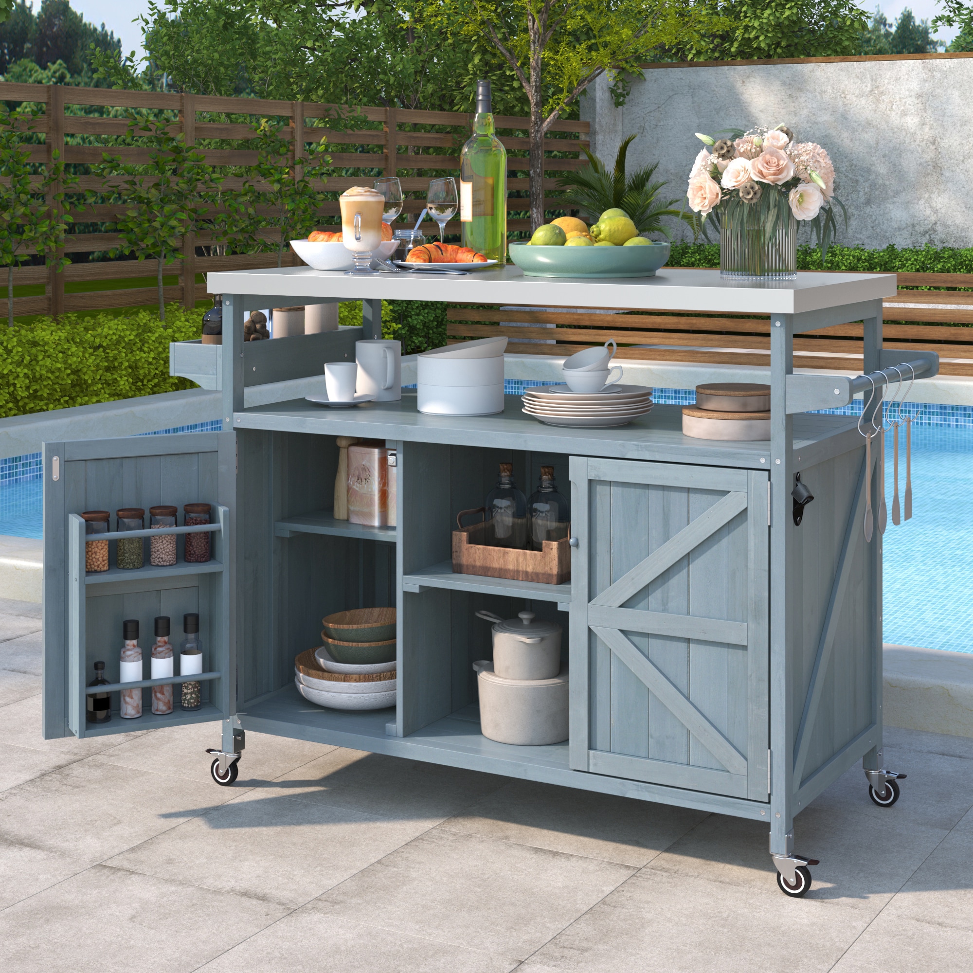 Bybafun Stainless Steel Top Gray Douglas fir Outdoor Serving Cart in ...