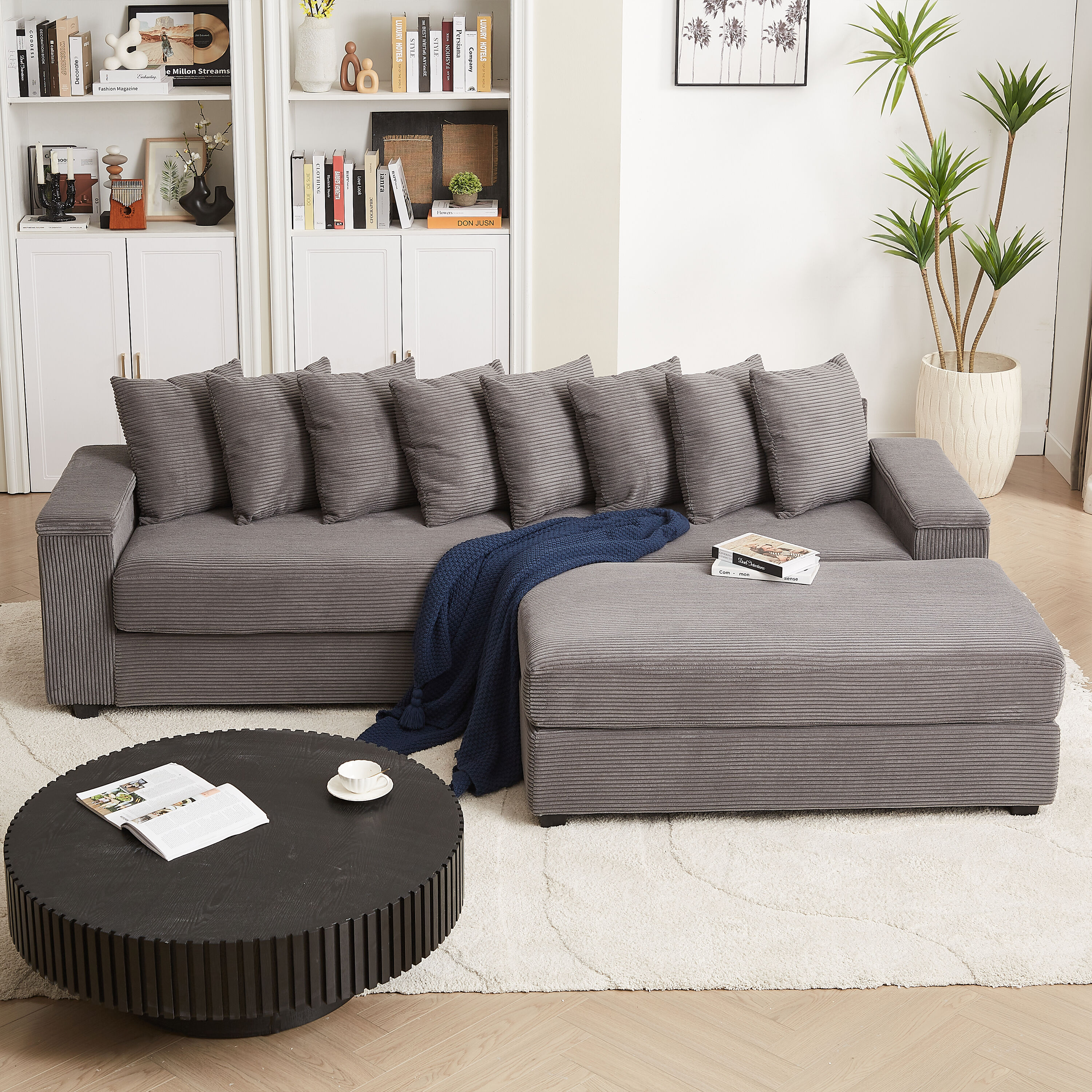 LOVMOR Luxe Oversized L Shape Sofa Chaise Corduroy 8 Pillows Armrest ...