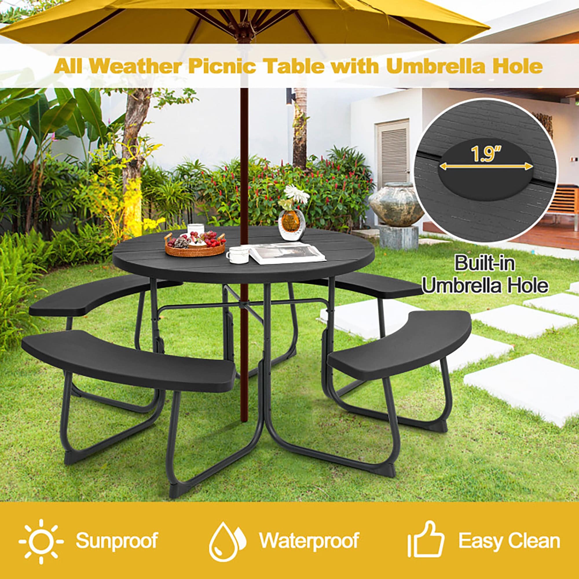 Boyel Living 75 in. W Black Round Composite Outdoor Picnic Table Bench ...