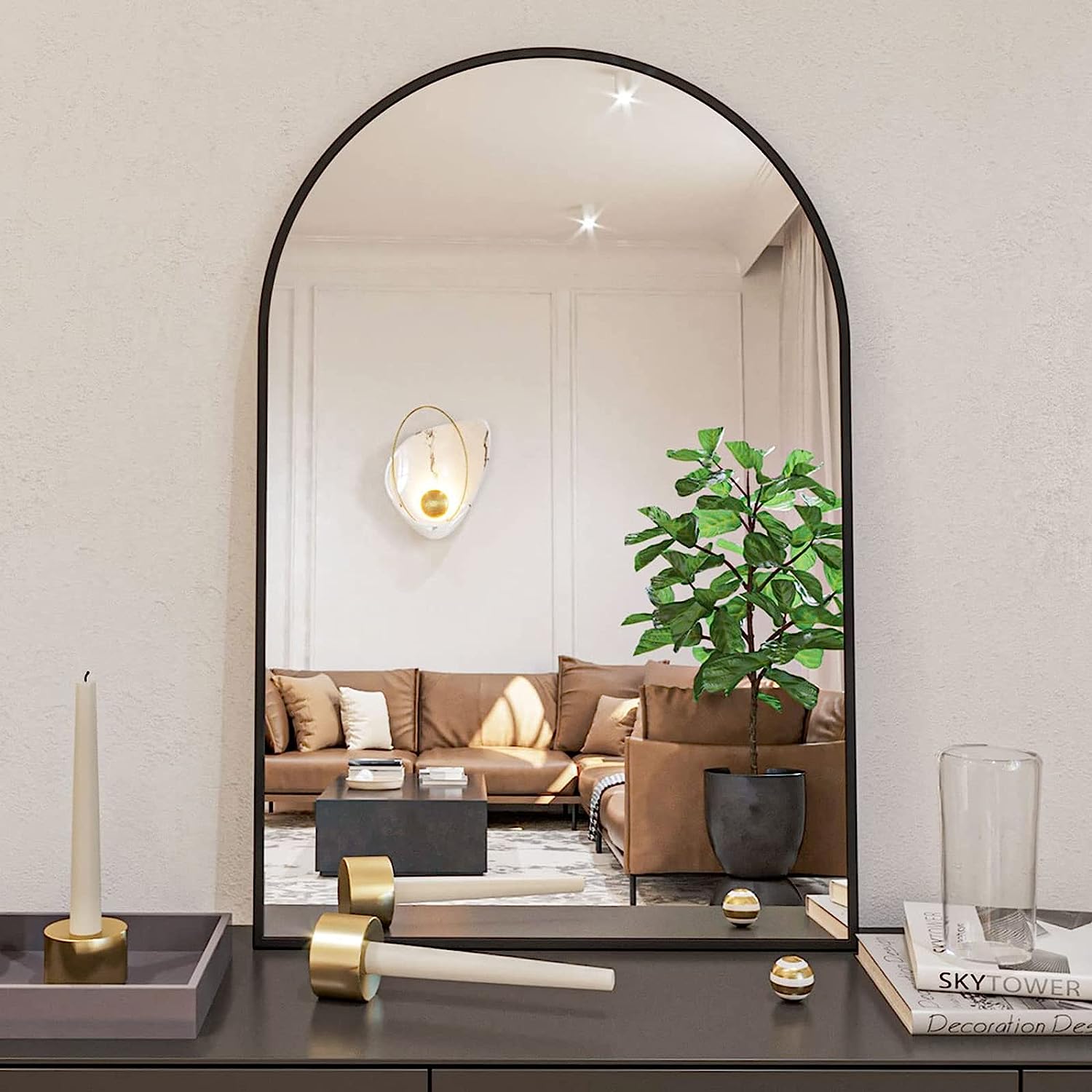 CALVON 24-in W x 36-in H Arch Black Framed Wall Mirror in the Mirrors ...