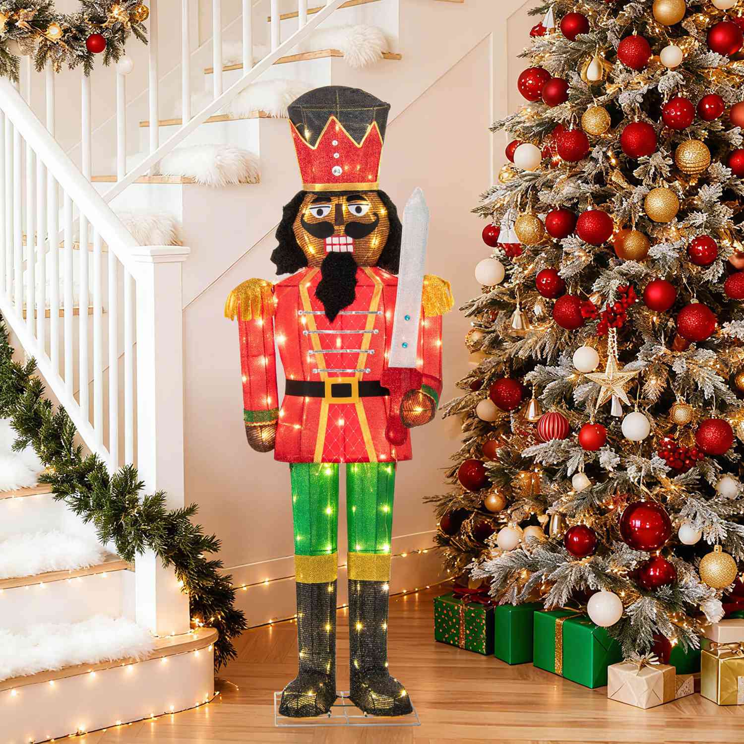 Costway 2 PCS 5 FT Lighted Christmas Nutcracker with Glitter Sword 100 ...