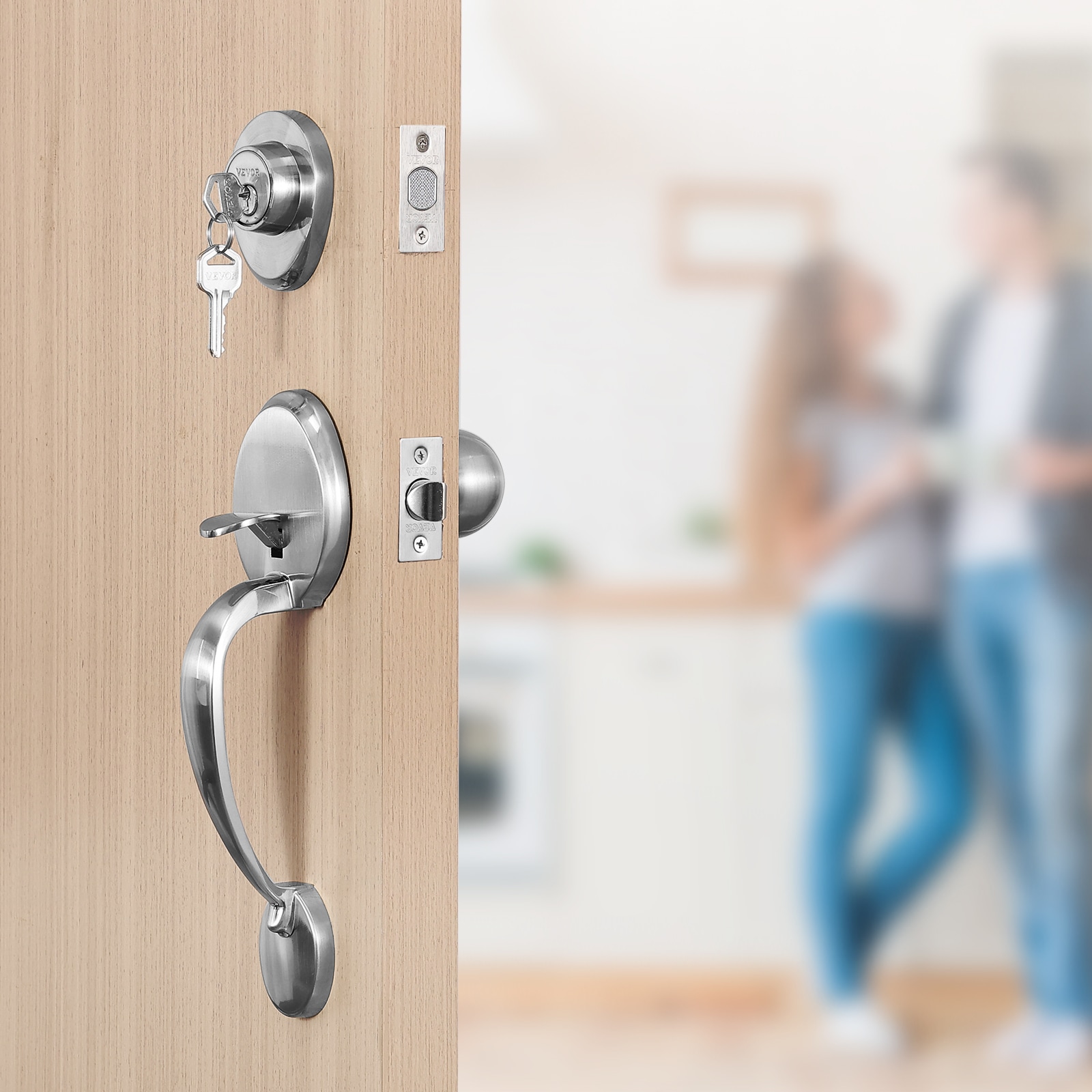 SVOPES Front Door Handle and Deadbolt Set Satin Nickel Lock Set Silver Interior or Bed/Bath ...