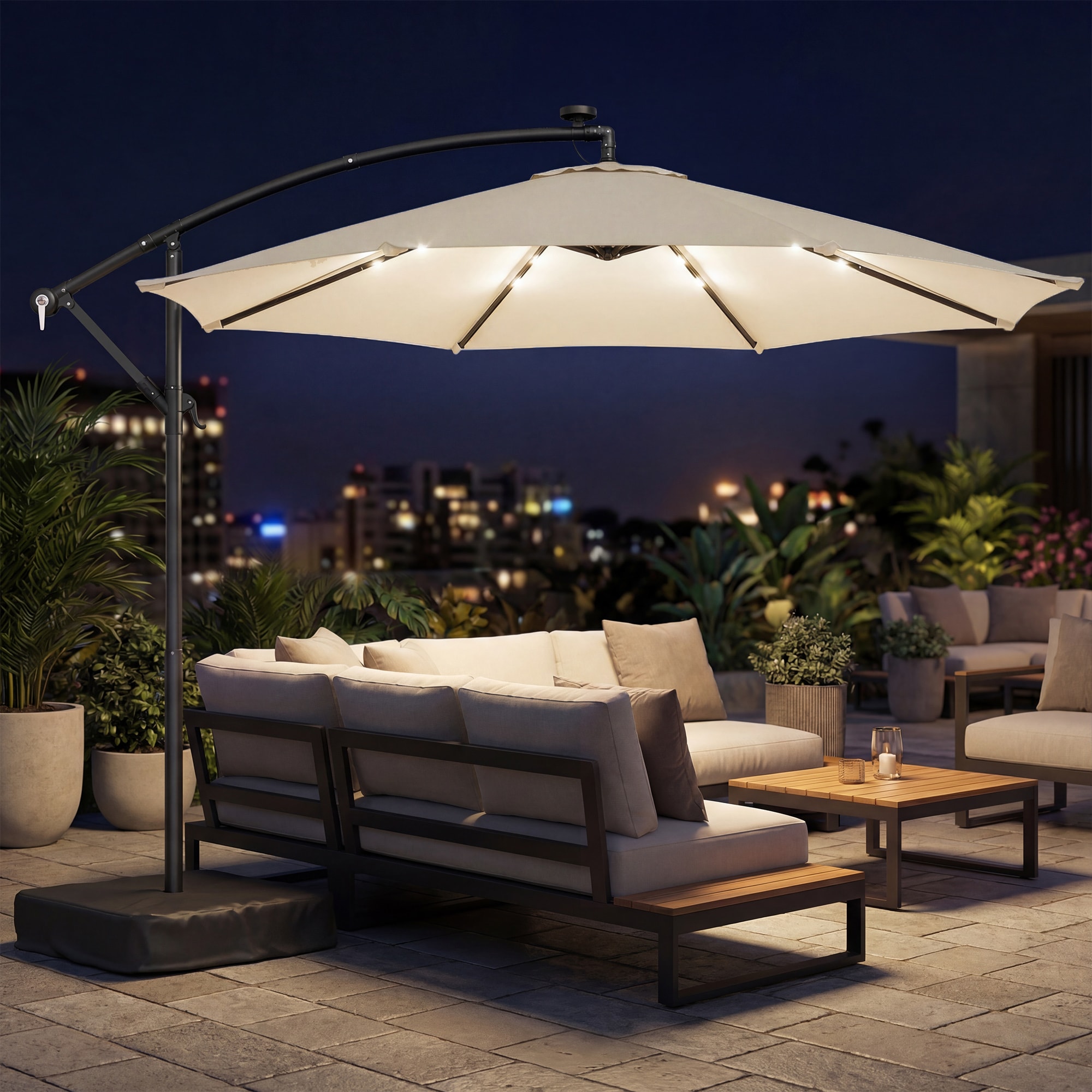 Outsunny 10 ft Cantilever Patio Umbrella with Solar LED Light Sandbag ...