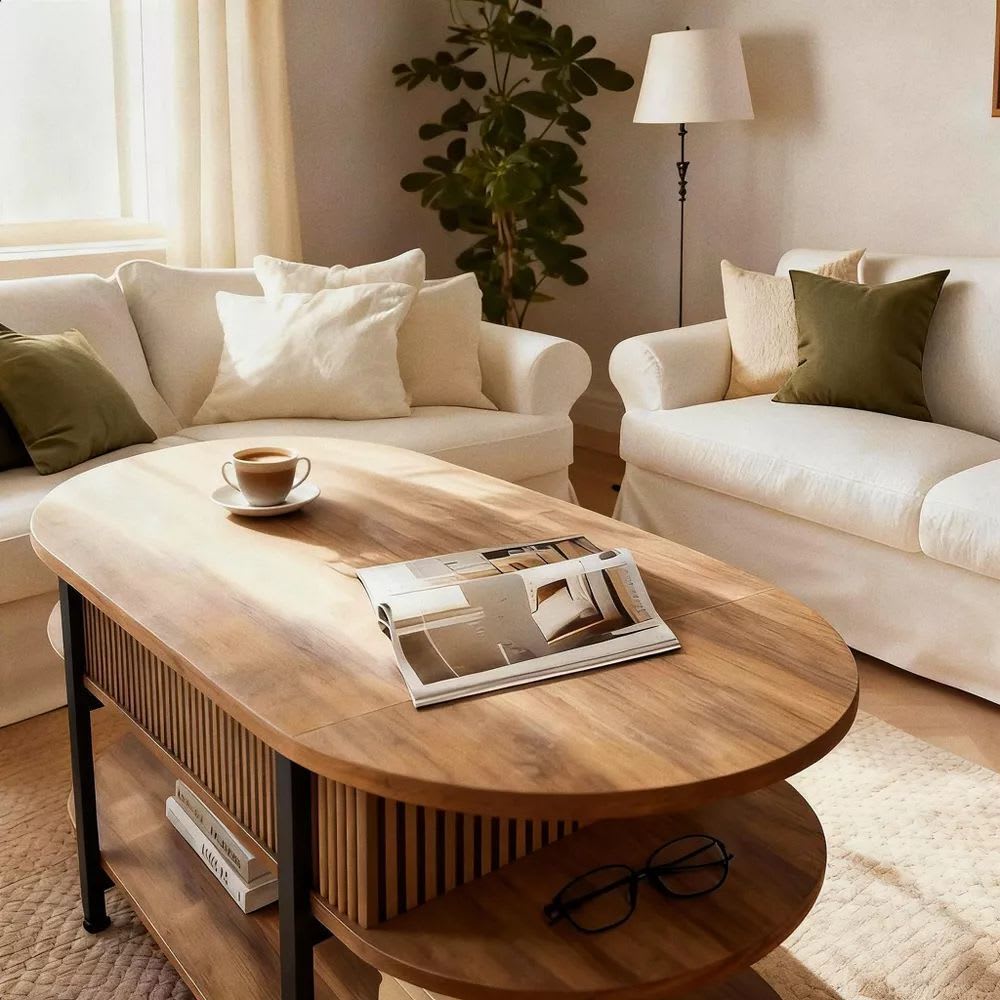 Aok Garden 41.7 Inch Oval Lift Top Coffee Table Fluted Wood Hidden ...