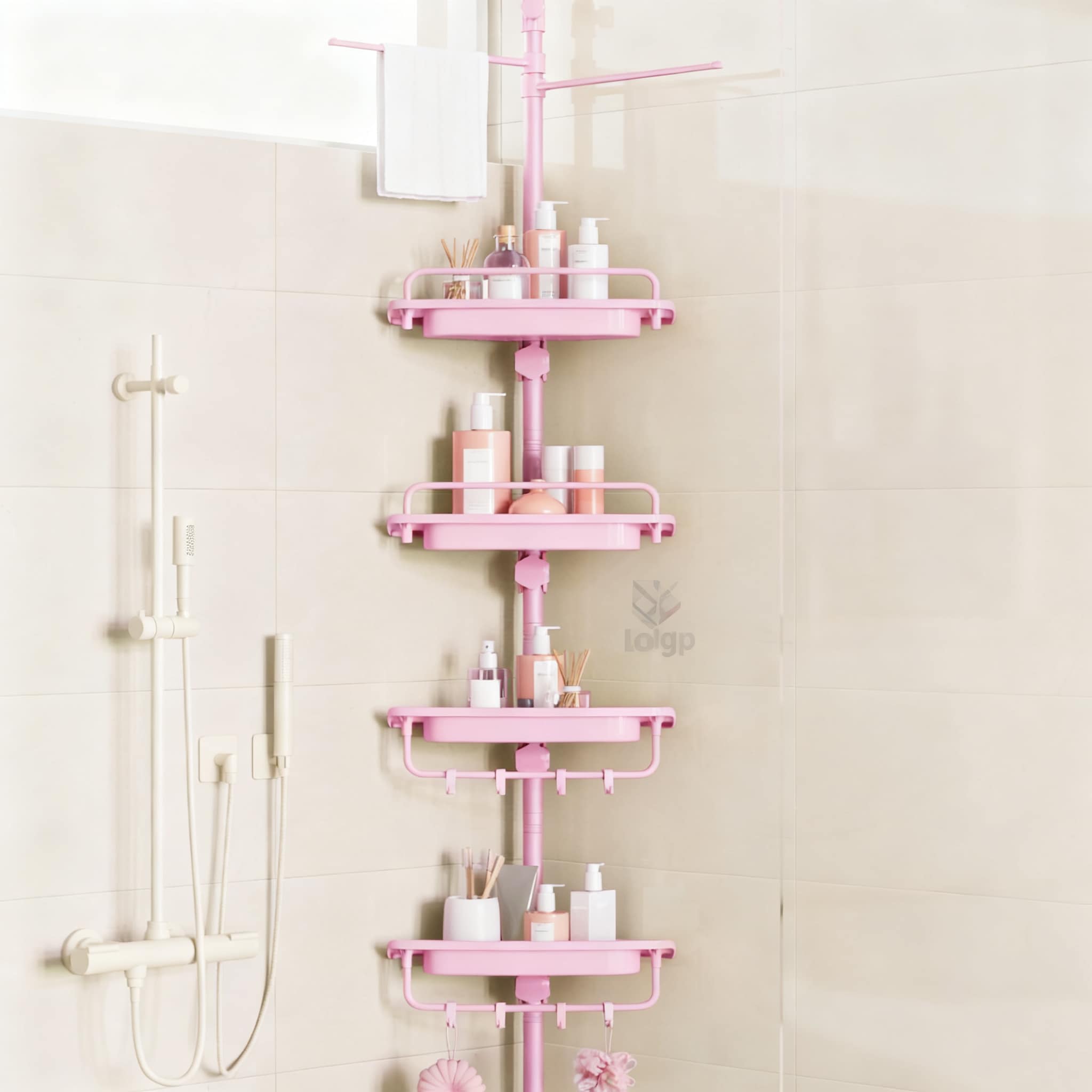 Lovav Pink Corner Shower Tension Pole 4 Tier Adjustable Organizer ...