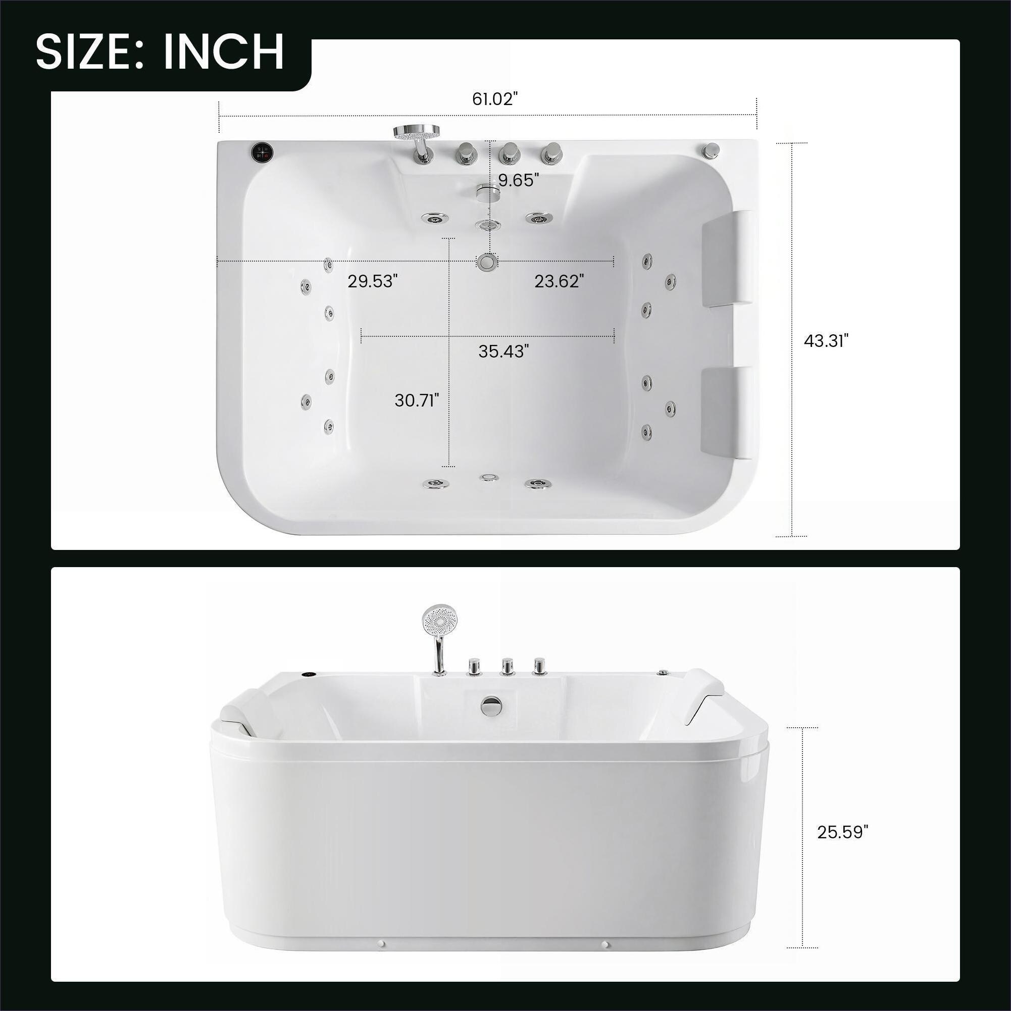 Watnature 61-Inch 2-Person Whirlpool Bathtub Clean White Acrylic with ...