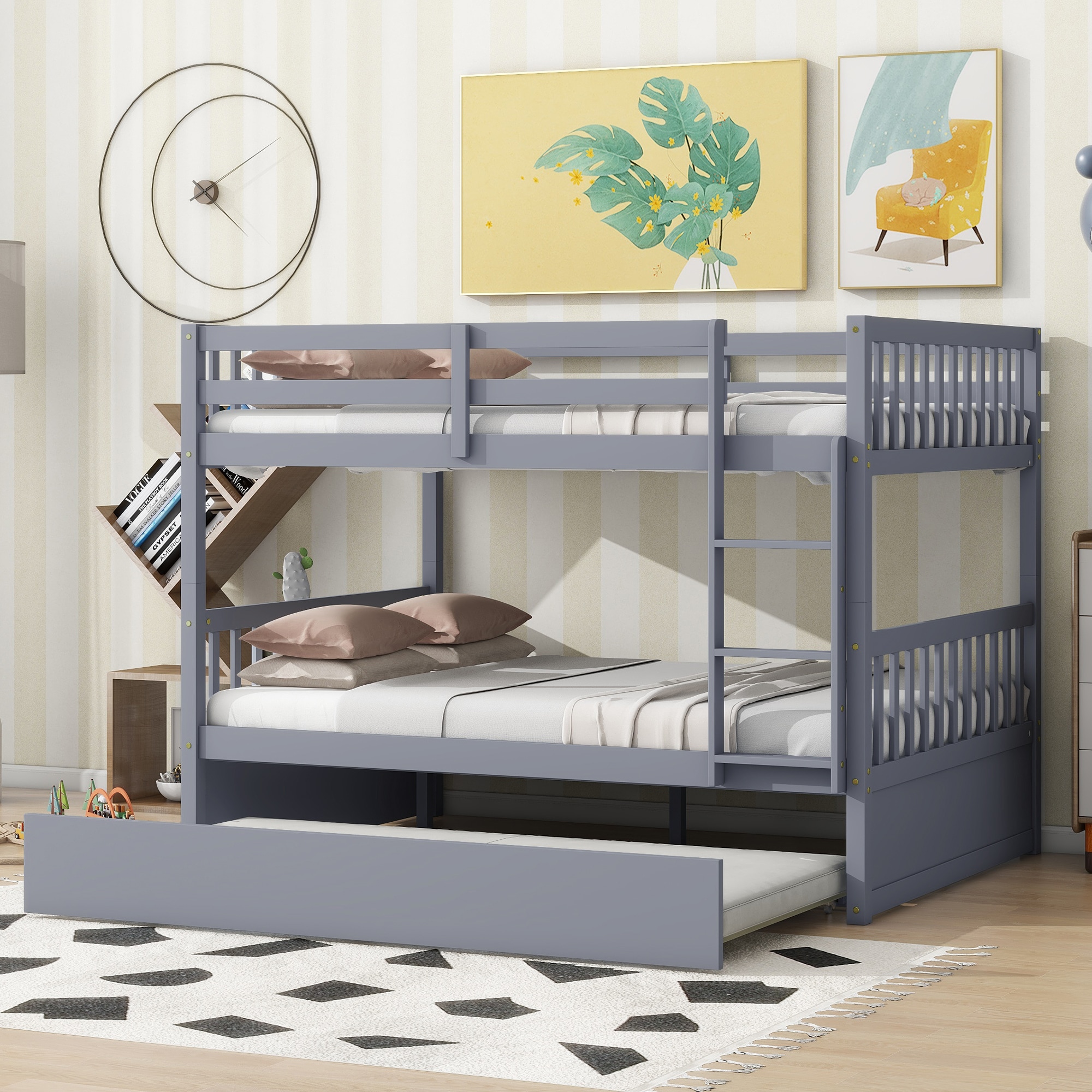 Huluwat Full Over Full Rubber Wood Bunk Bed with Trundle Ladder and ...