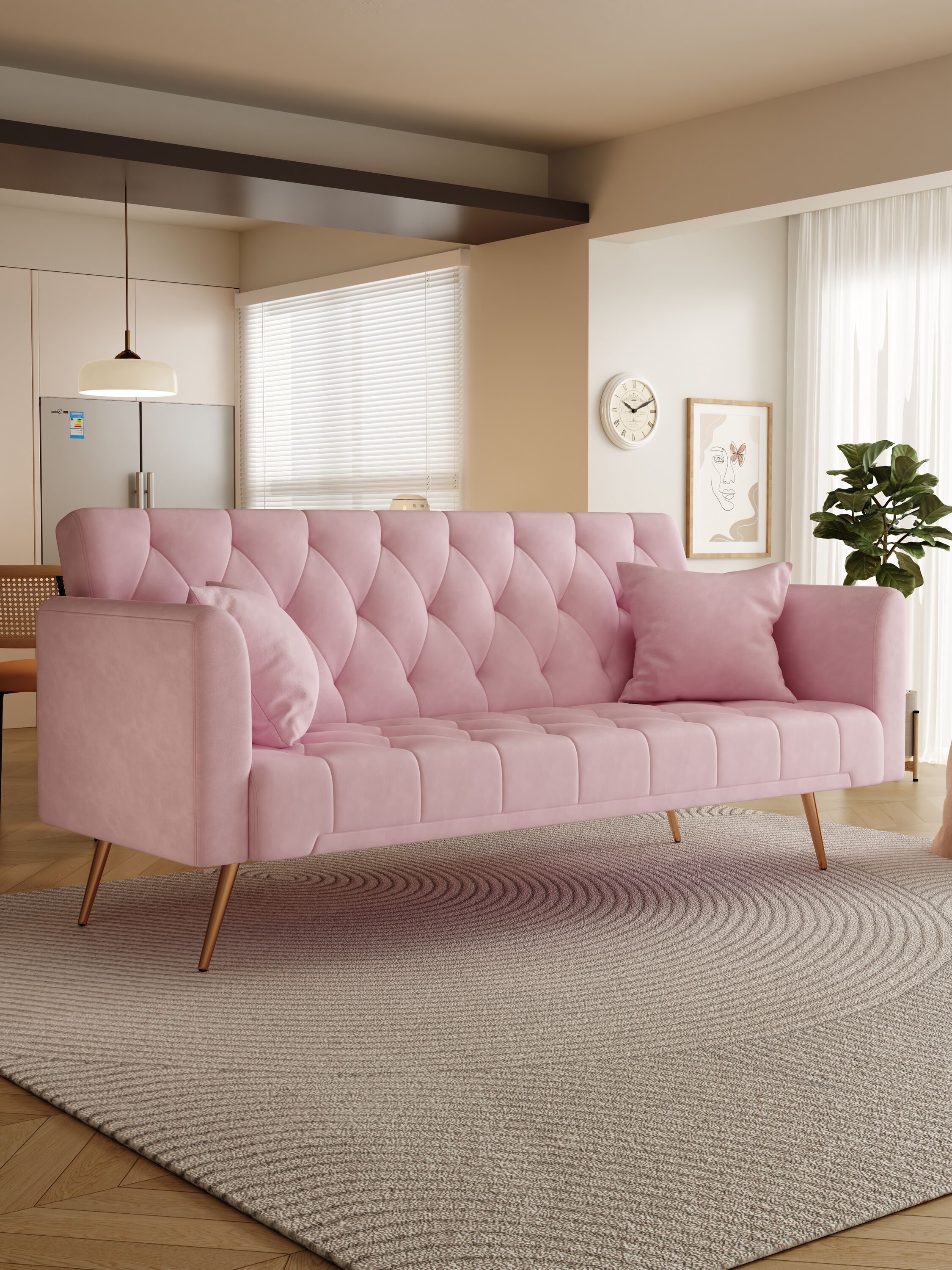 LUXEYARD 71 inch convertible love seat sofa American retro pink velvet ...