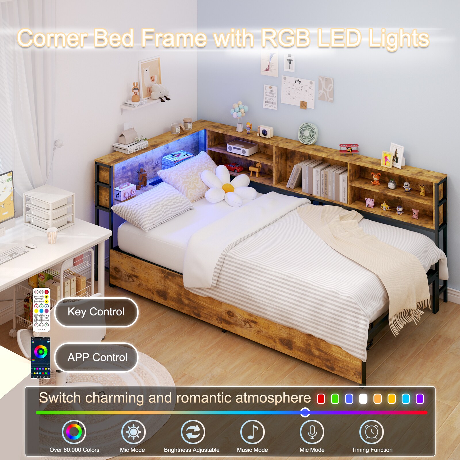 Bellemave Brown Corner Bed Frame Twin with Storage Drawers and Bookcase ...