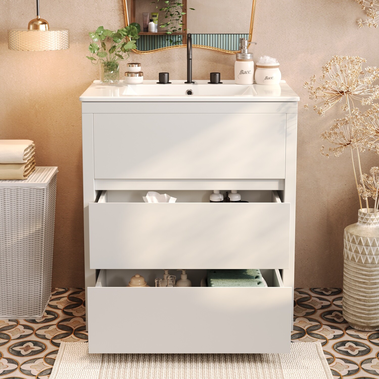 Vanityfus 30 Inch White Bathroom Vanity with Ceramic Sink and 2 Full ...