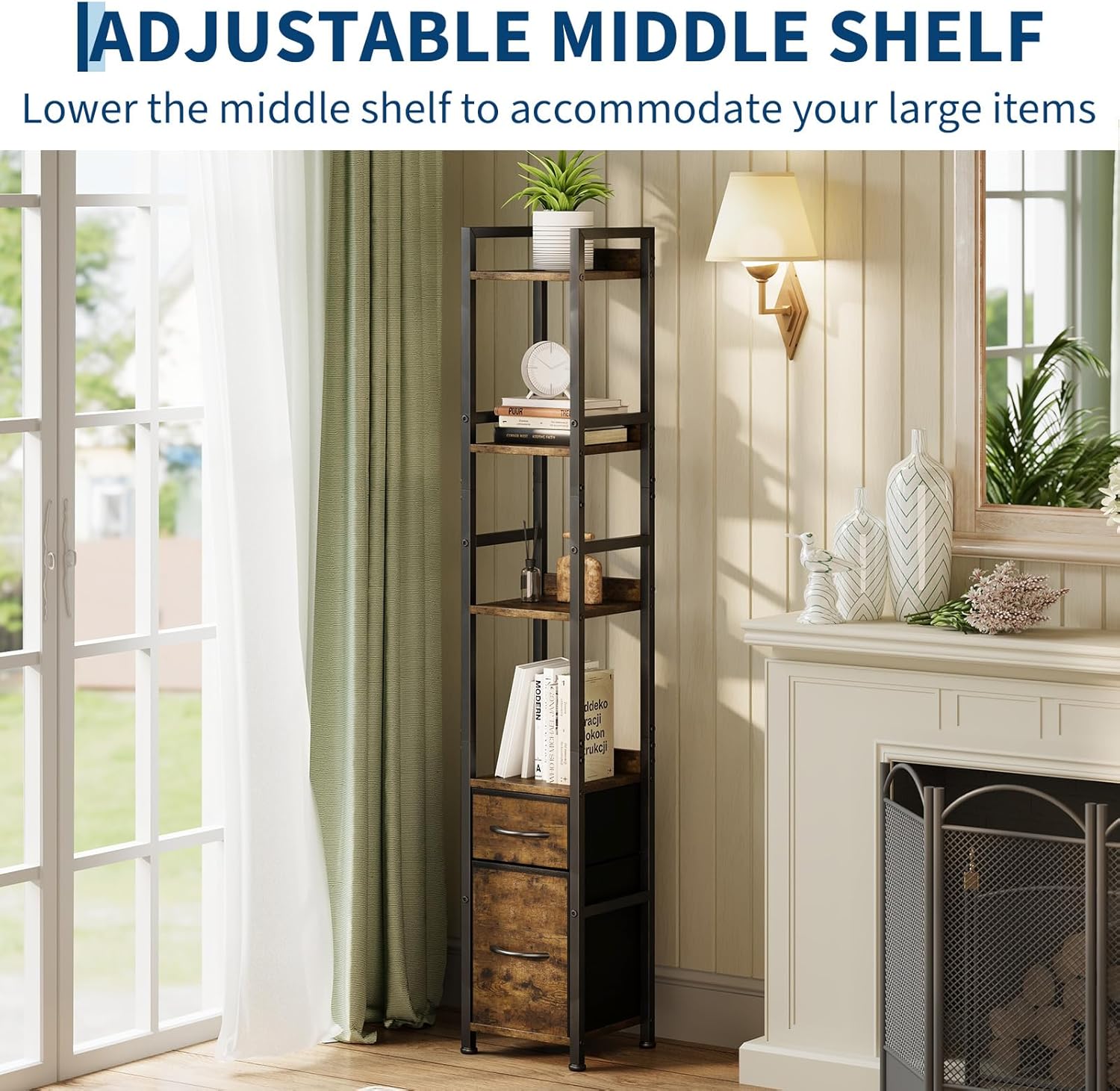 IdealHouse 6 Tier Bookshelf 59in Tall Narrow Bookcase with 2 Storage ...
