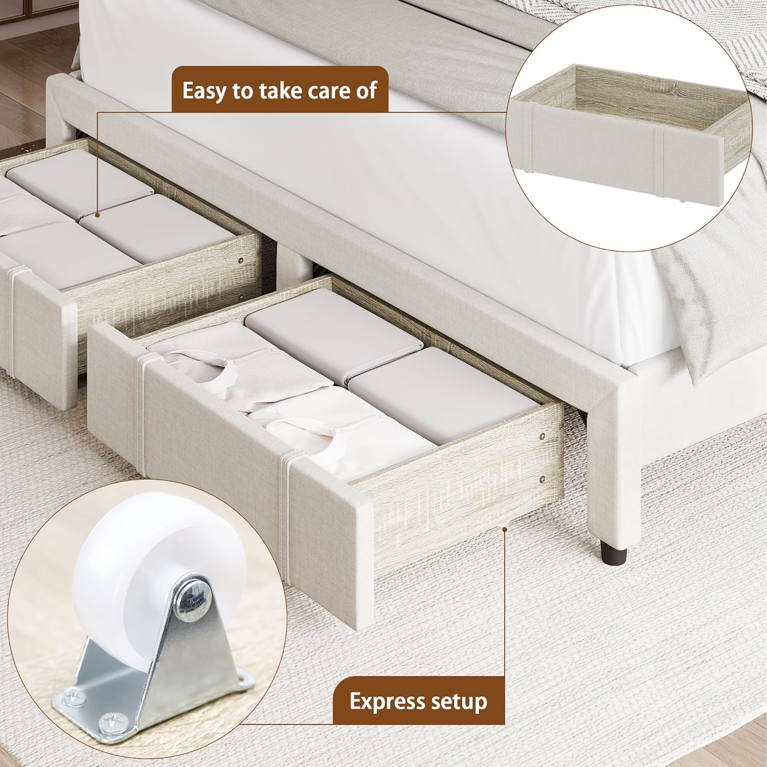 Garvee Queen Upholstered Platform Bed Frame with Storage Drawers Solid ...