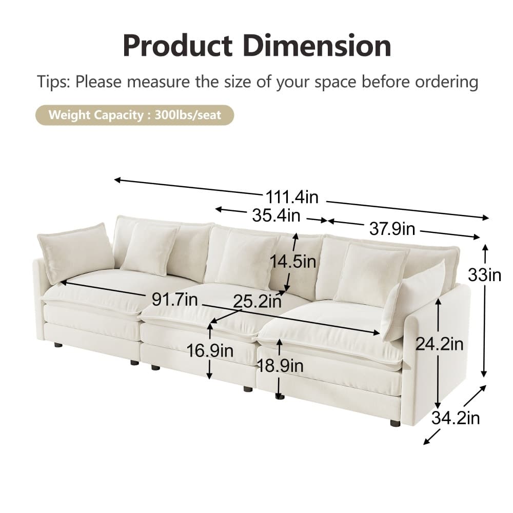 Coolbibila 3 Piece Modern Modular Deep Seat White Chenille 7 Seat Sofa ...